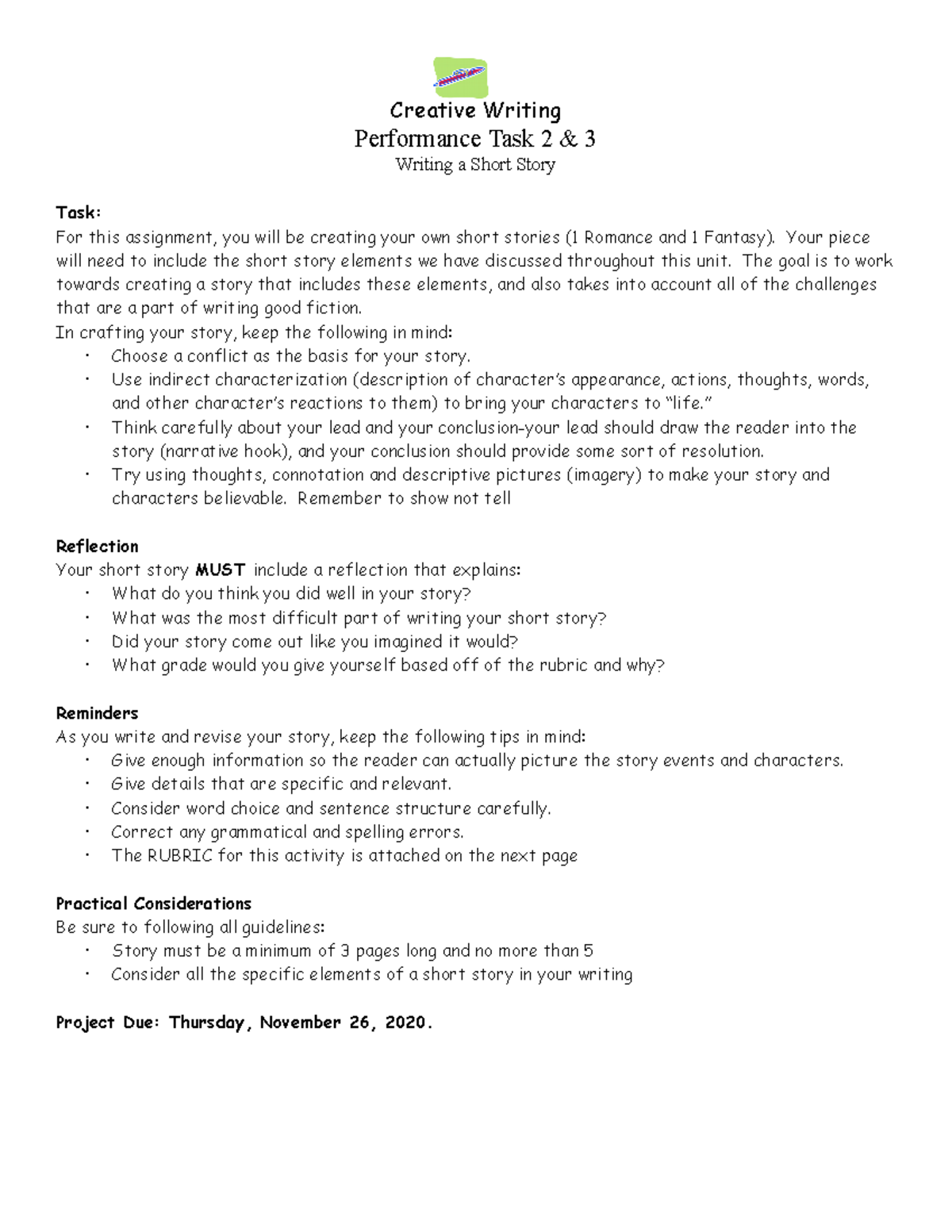 Creative Writing Performance Tasks 2 & 3: Short Stories Guide - Studocu