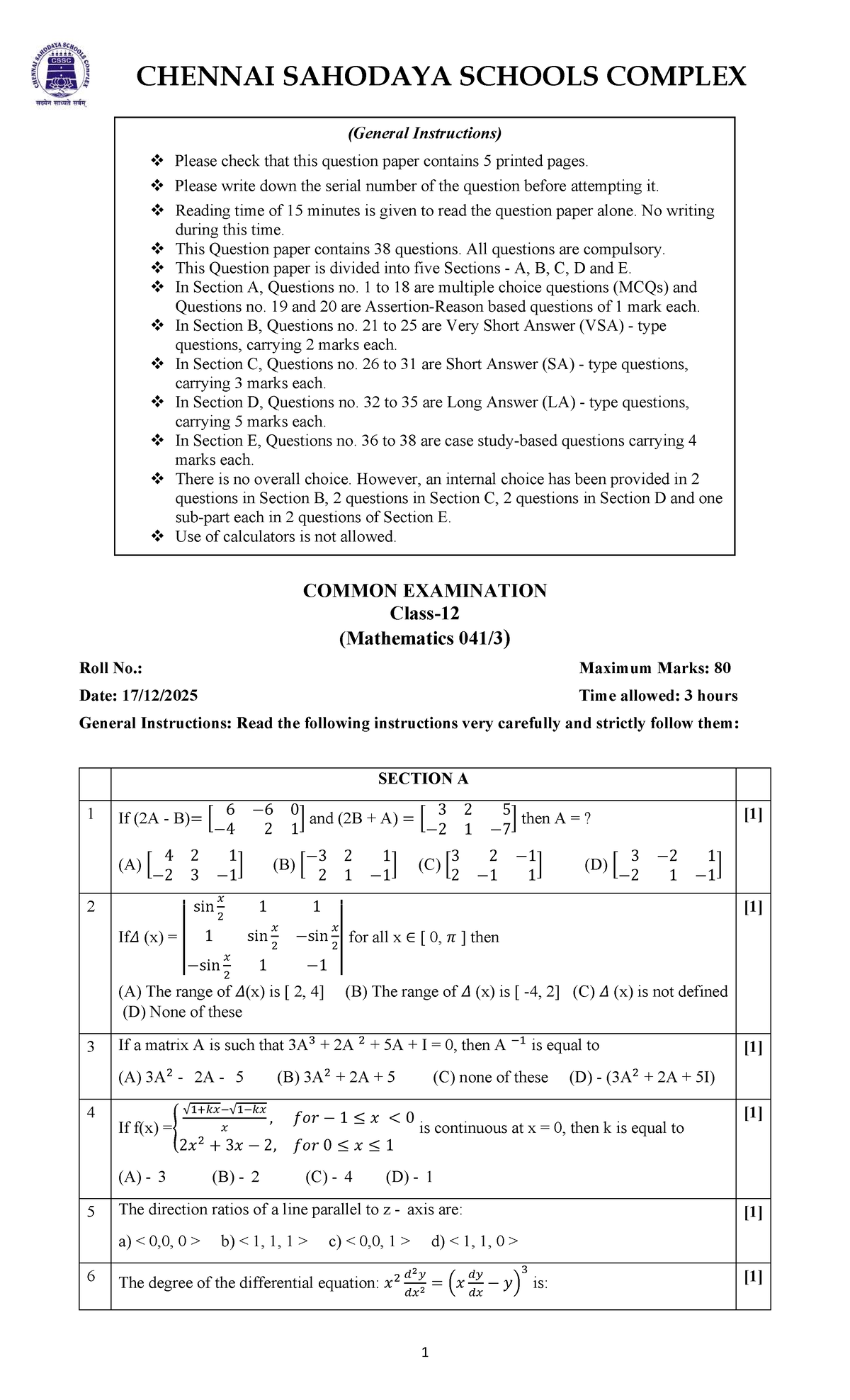 Math Set 3 - CHENNAI SAHODAYA SCHOOLS COMPLEX Question Paper - Studocu