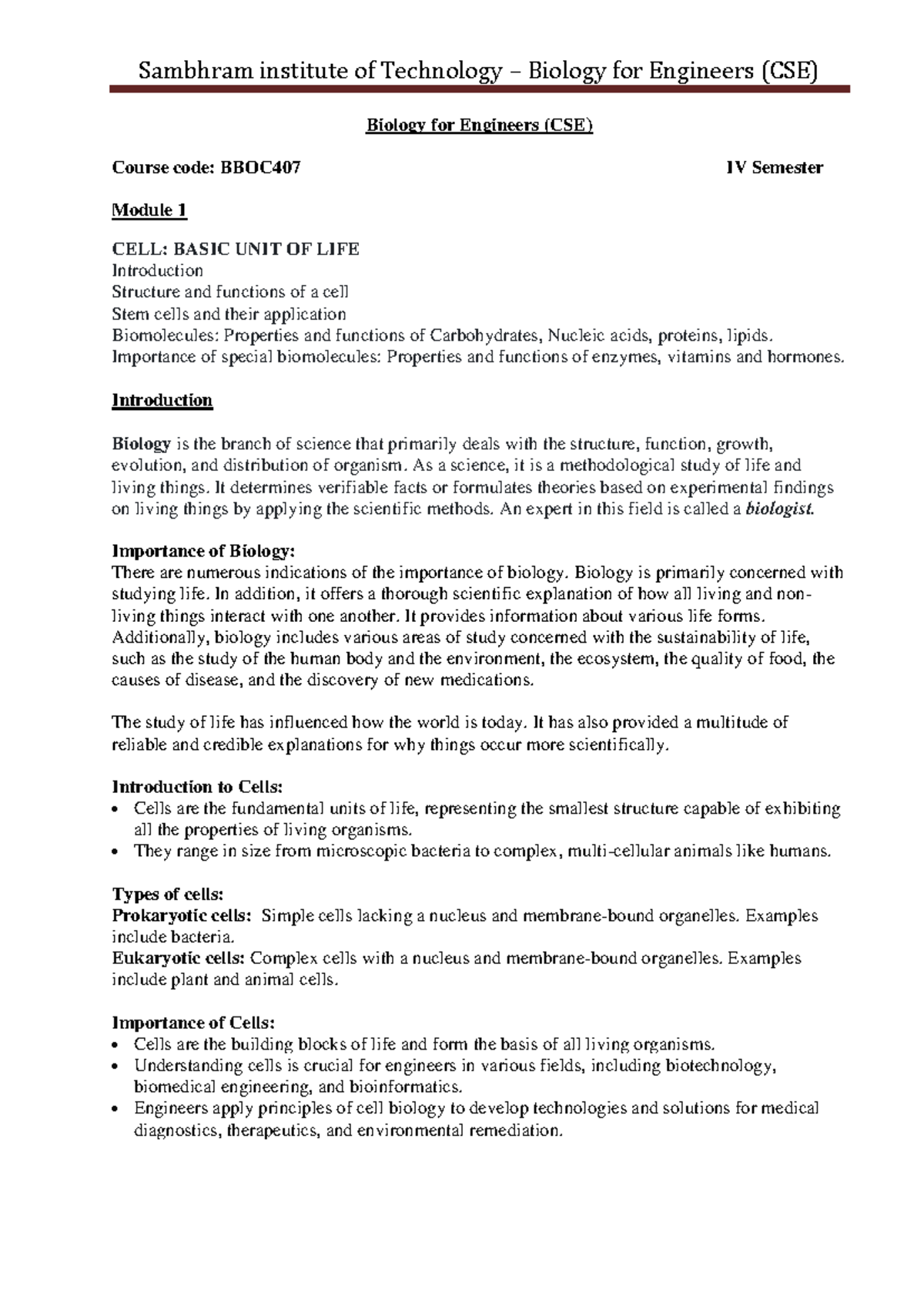 BBOC407 - Module 1 - notes - Biology for Engineers (CSE) Course code ...