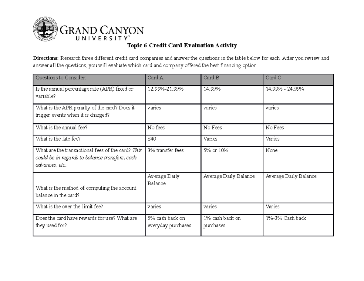 Credit Card Activity - Topic 6 Credit Card Evaluation Activity ...