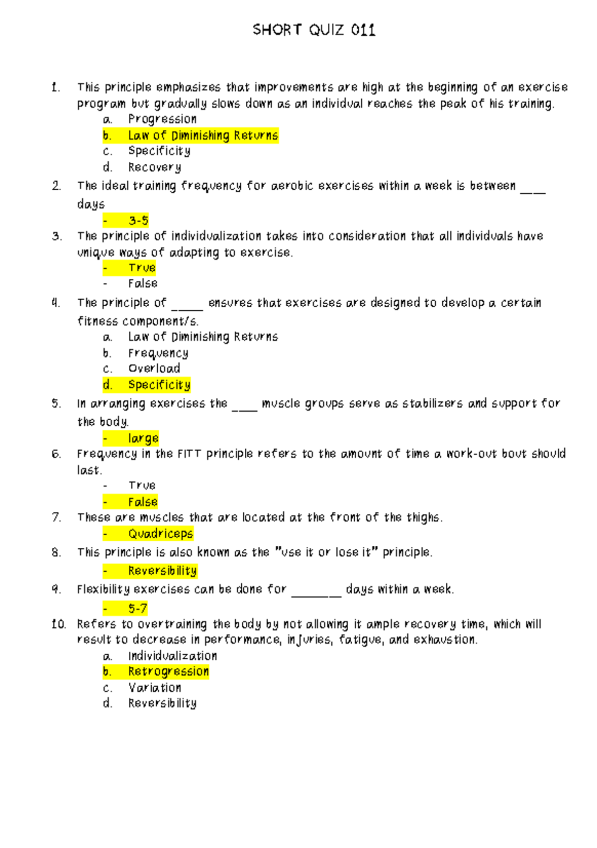 QUIZ 011: Key Principles of Exercise Training and Adaptation - Studocu
