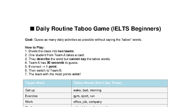 Daily Routine Taboo Game (IELTS Beginners) Guide - Studocu