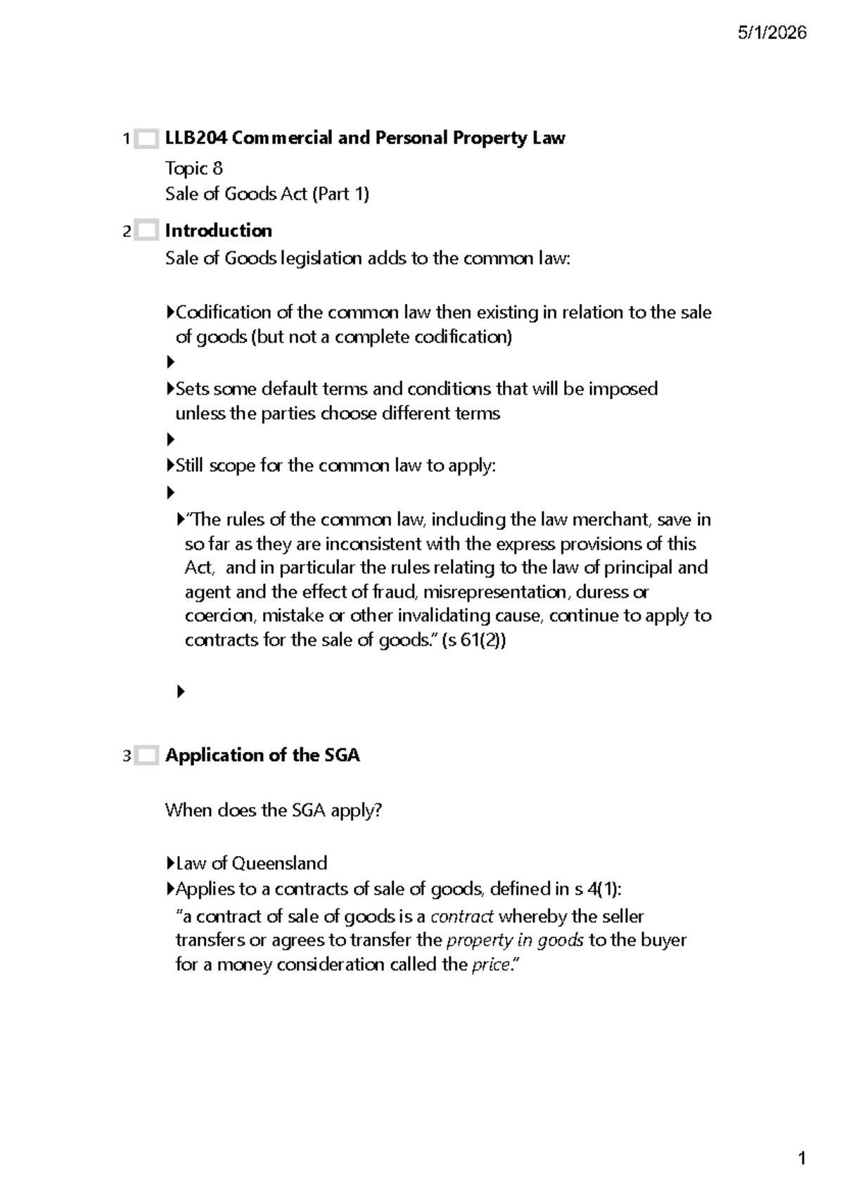 LLB204 Commercial & Personal Property Law: Sale of Goods Act (Part 1 ...