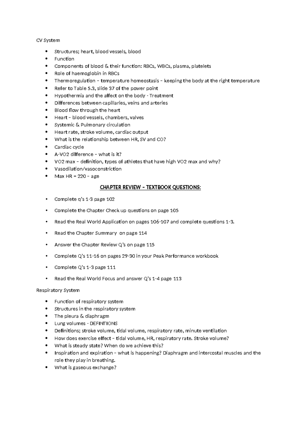 Revision points CHapter 5 & 6 - CV System Structures; heart, blood ...