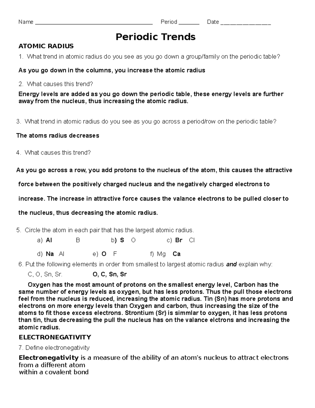Chemistry Grade 11 Periodic Trends - Name Period Date ...