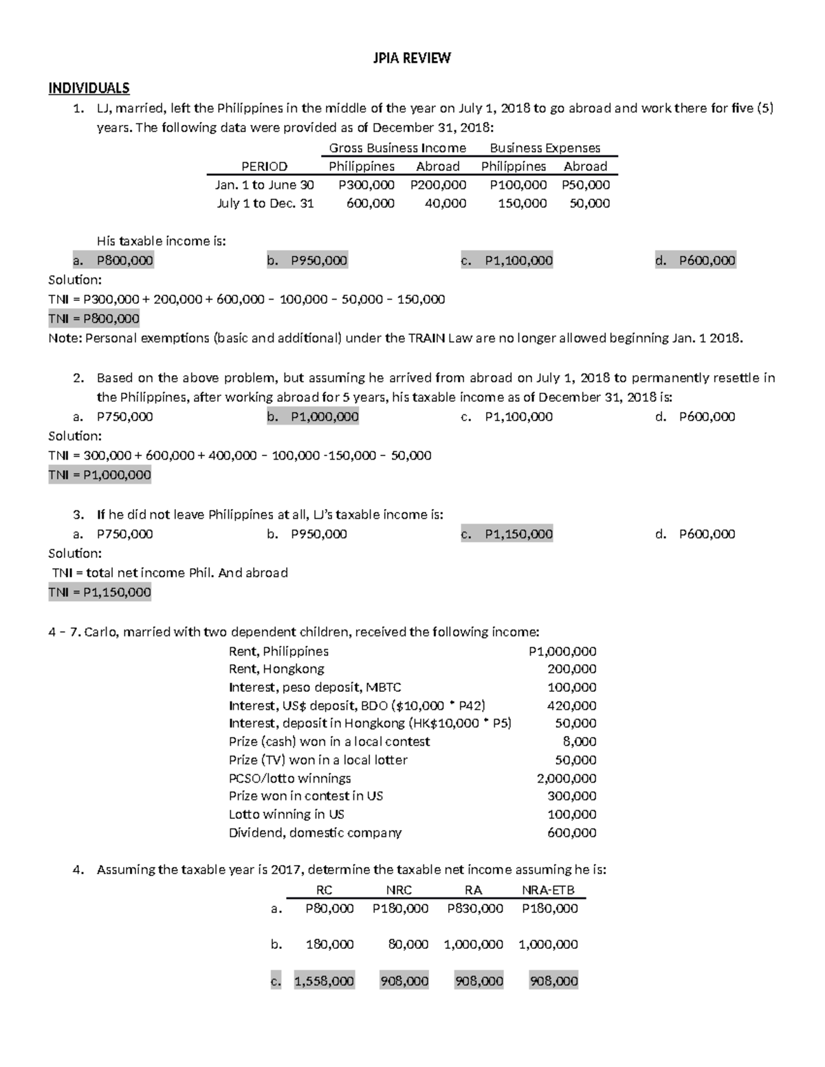 Tax Answer Key for Taxation Course - Important Solutions Guide - Studocu