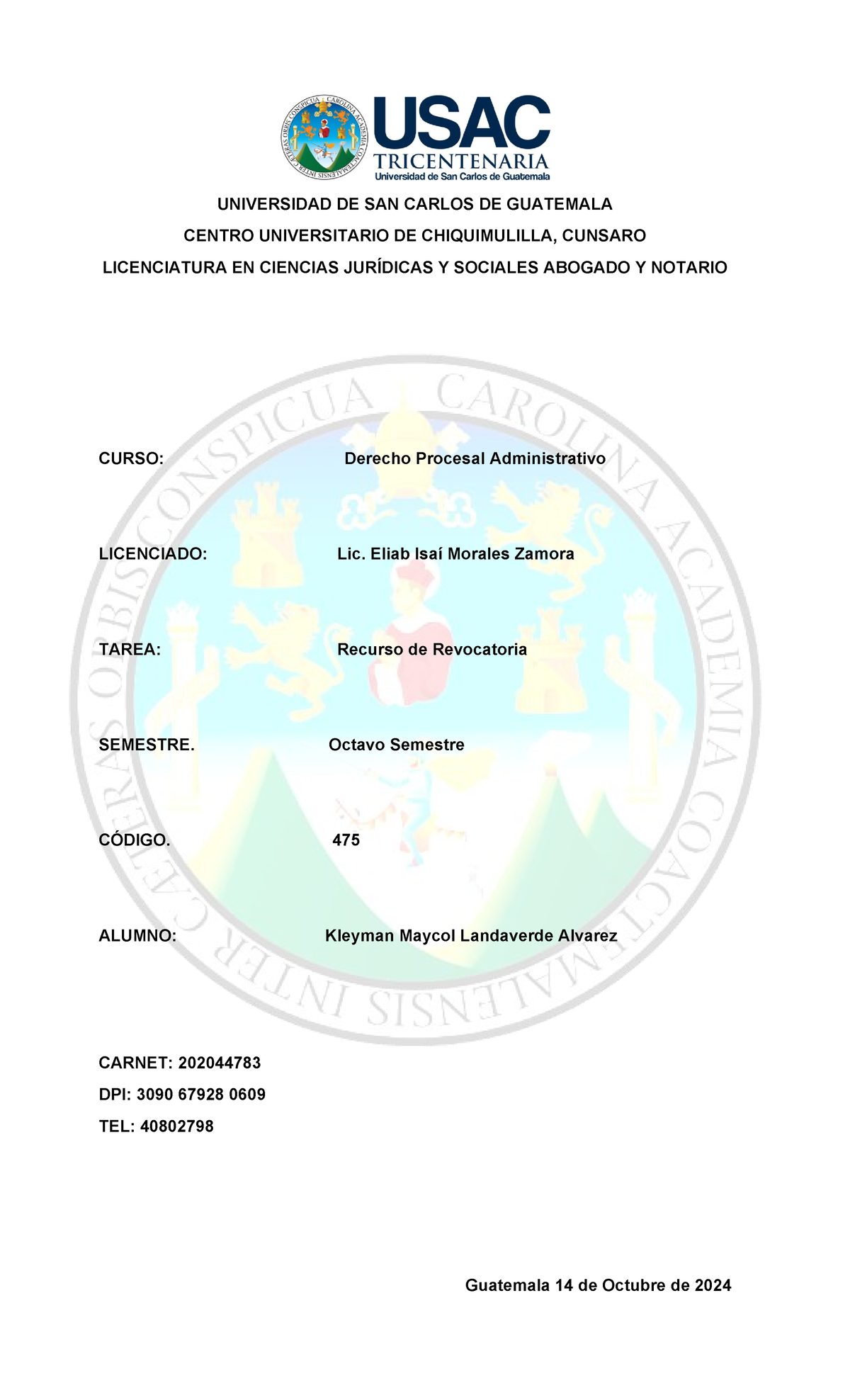 Caratula USAC y memoriales de procedimientos de conicimiento - Derecho Procesal Civil - Studocu