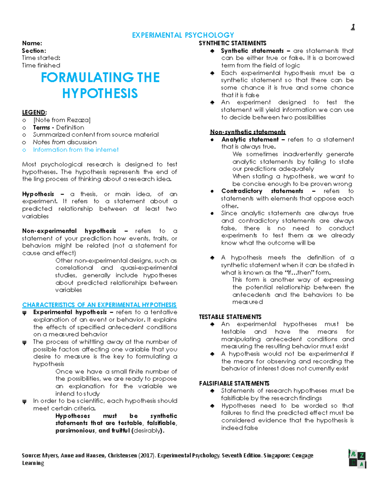 Lesson 2: Hypothesis Formulation in Experimental Psychology - Studocu