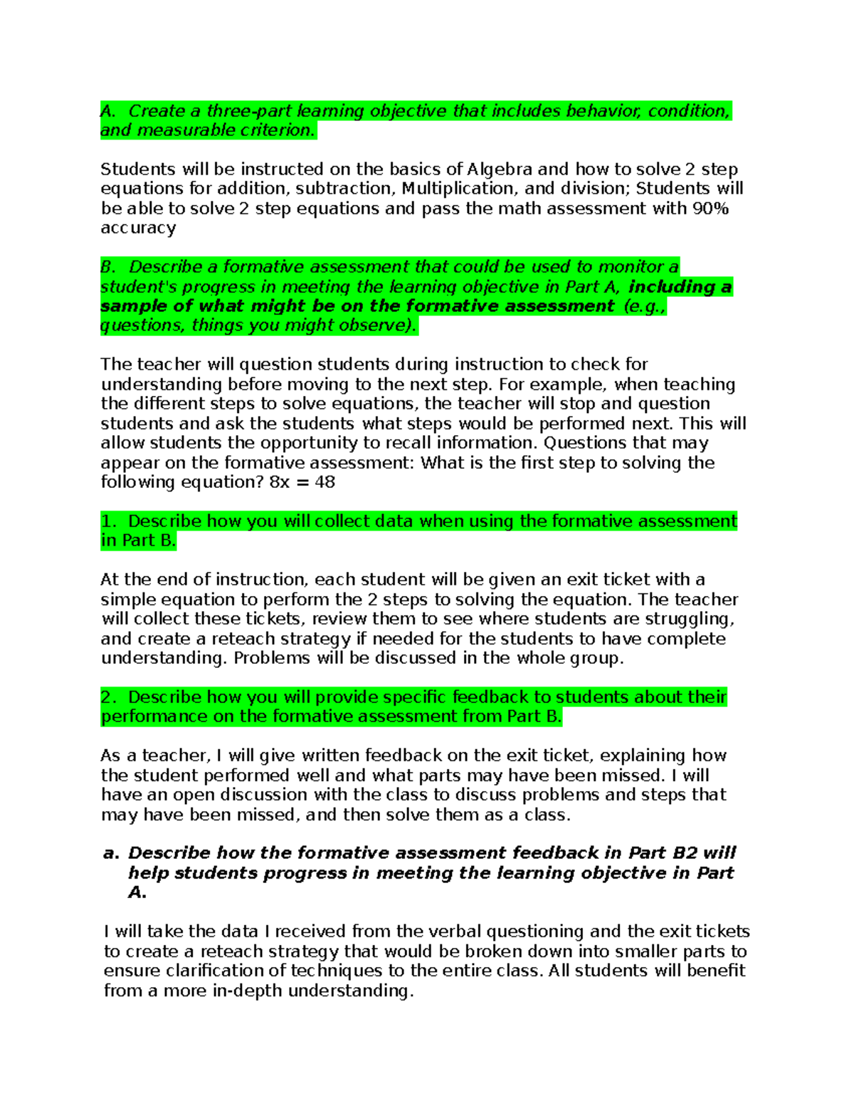 D093 TASK 1 - passed - A. Create a three-part learning objective that includes behavior ...