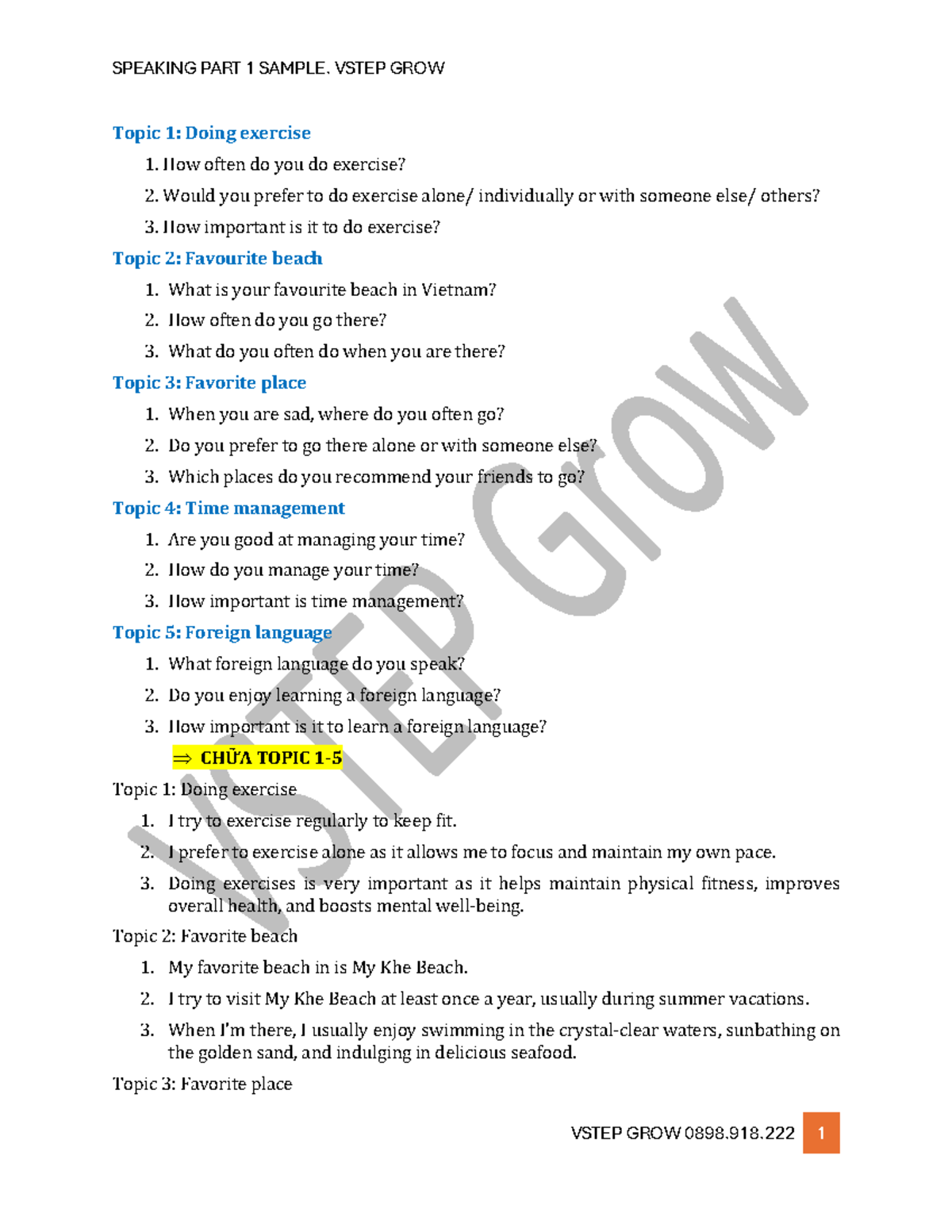 SPEAKING PART 1 SAMPLE ANSWERS - VSTEP GROW - Studocu