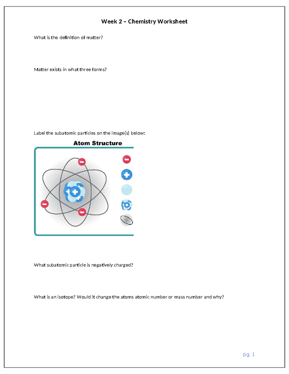 BIOS251 Week 2 Chemistry Worksheet: Understanding Matter and Reactions ...