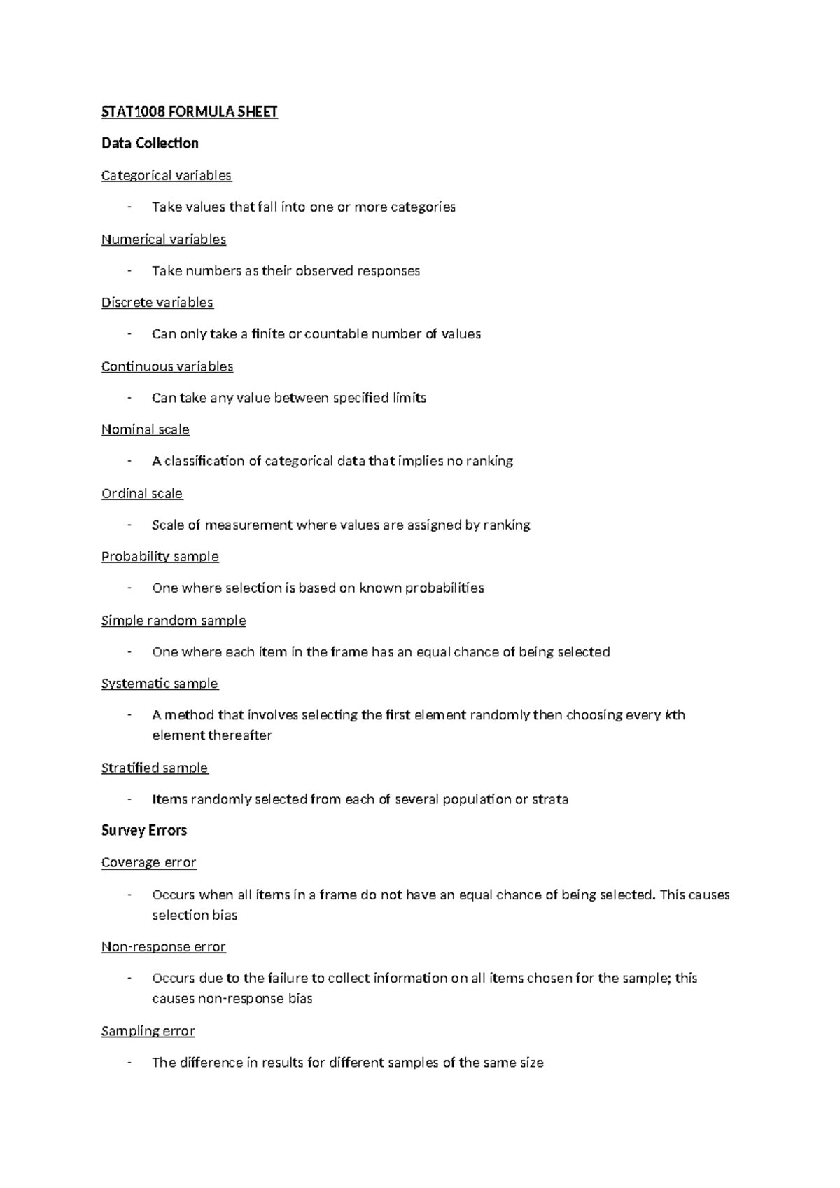 Statistical concepts and formulas for STAT1008 exam preparation - Studocu