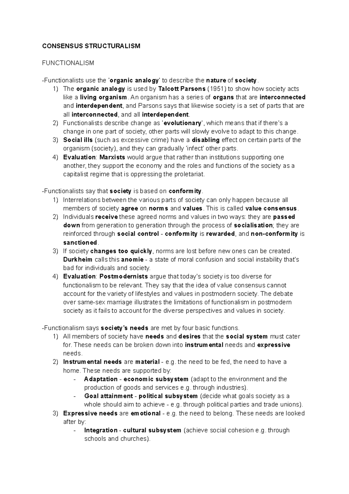 Consensus Structuralism: A Functionalist Perspective on Society - Studocu