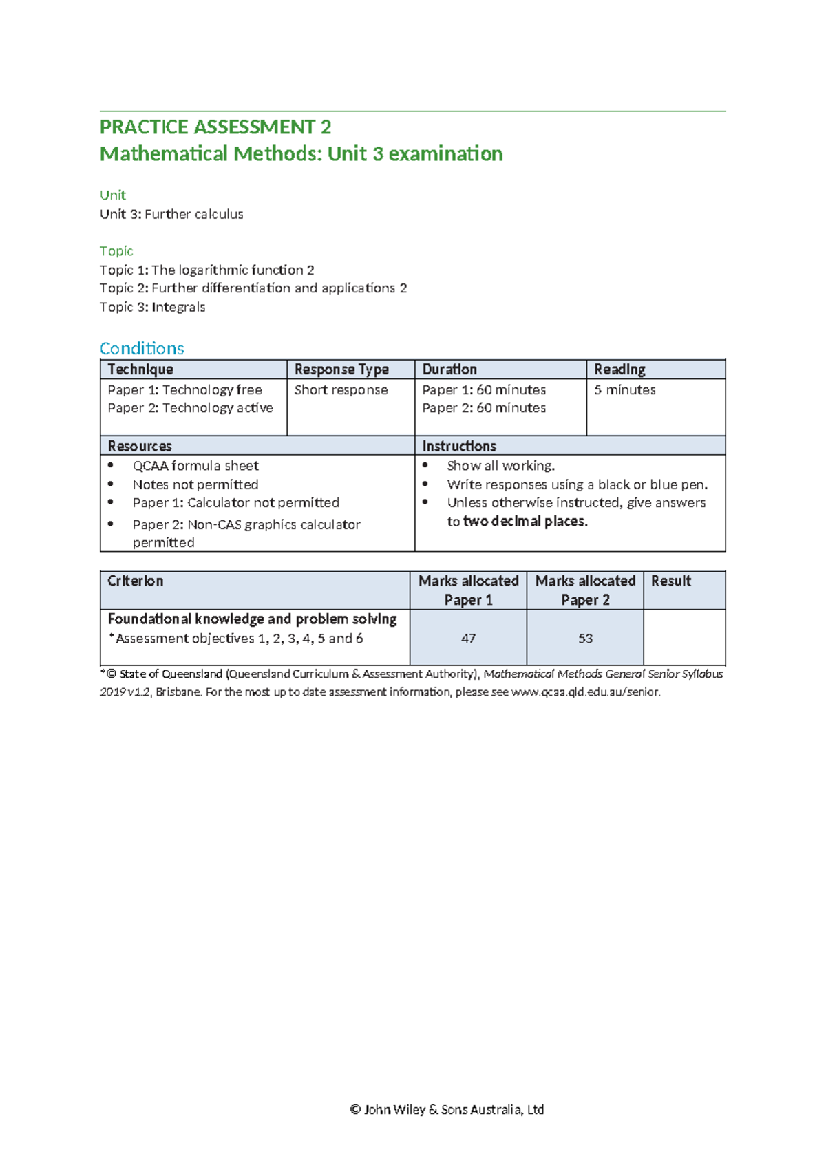 Mathematical Methods Unit 3 Exam: Logarithmic Functions & Calculus Topics - Studocu