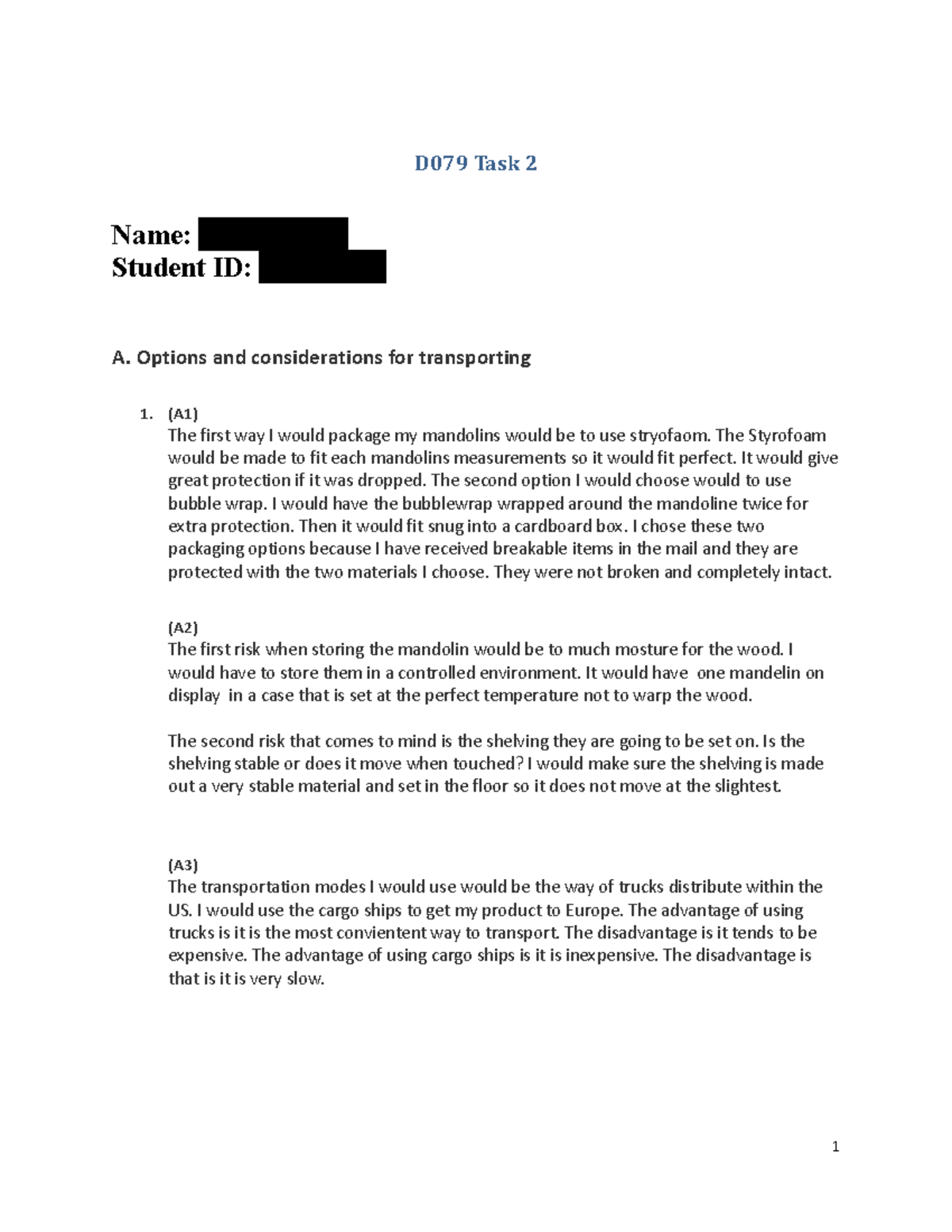 D079 Task 2 - Packaging & Transportation Strategies for Mandolins - Studocu