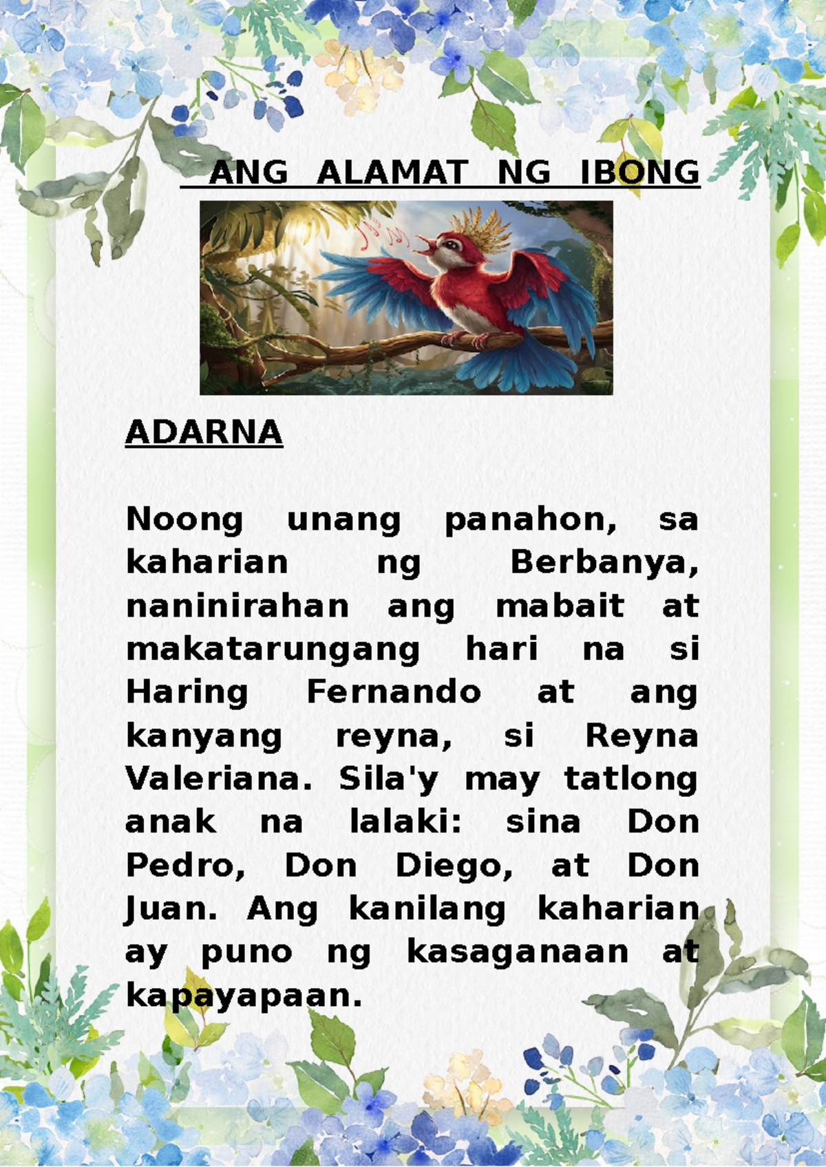 Ibong Adarna: Alamat at Ang Kwento ng Tatlong Prinsipe - Studocu
