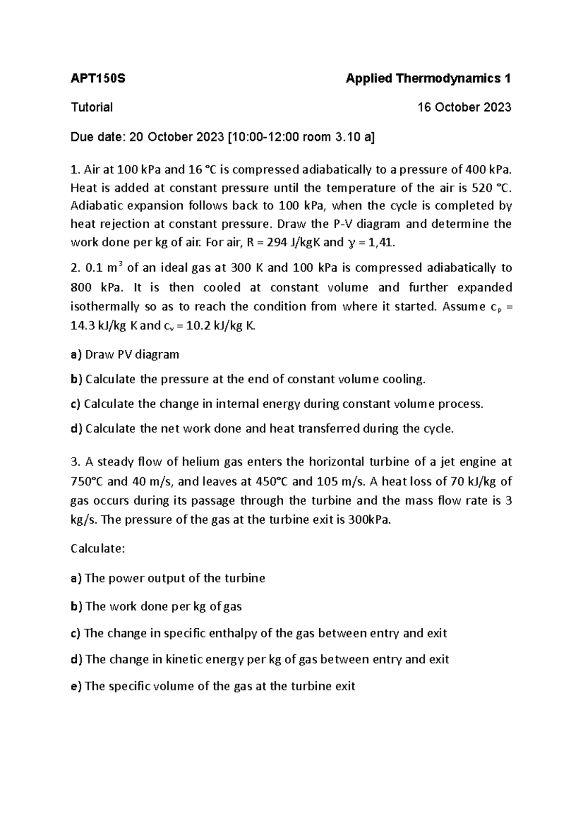 Tut 1 APT150S chapter 4 and 5(1) - APT150S Applied Thermodynamics 1 ...