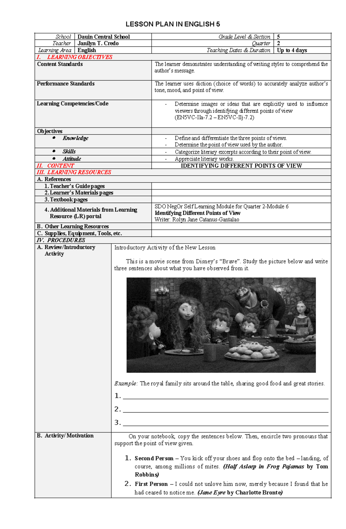English 5 Q2 Lesson Plan: Identifying Different Points of View - Studocu