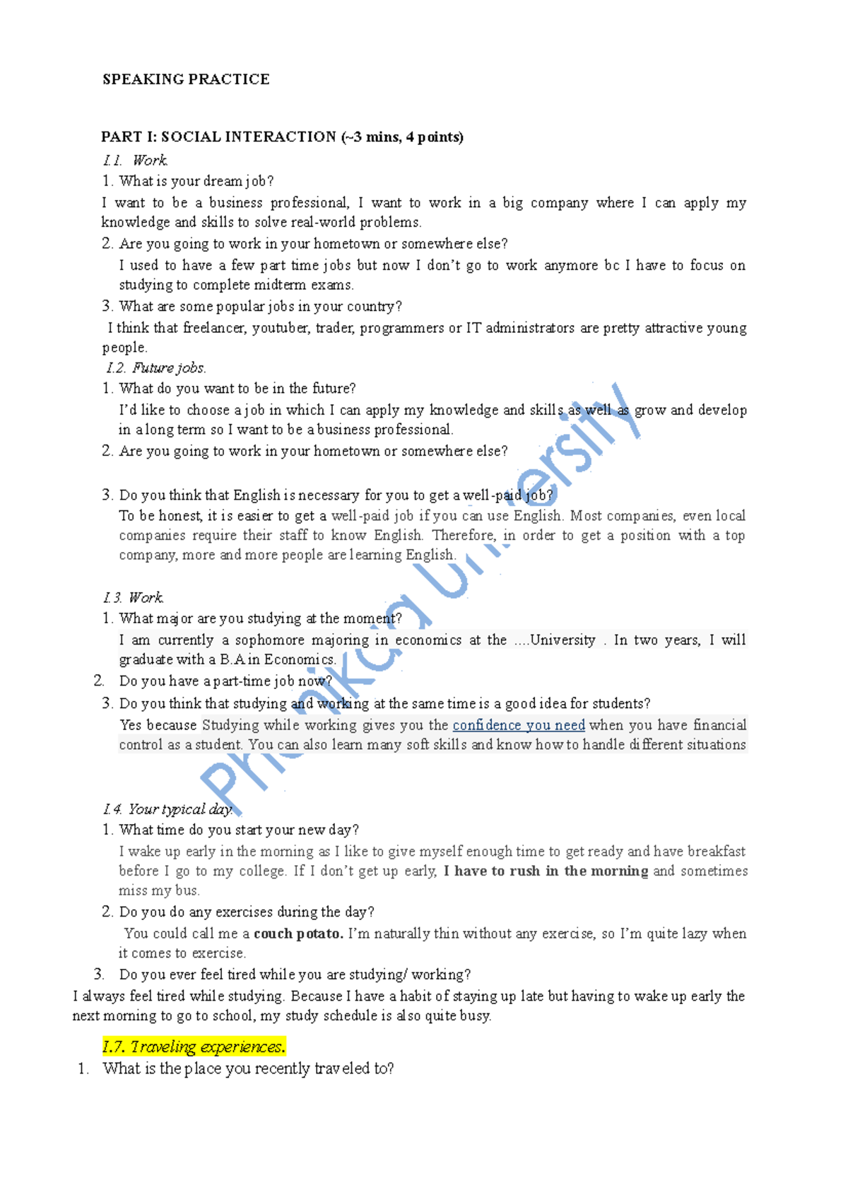 1695198719 843 Speaking Practice E2 - ####### SPEAKING PRACTICE ####### PART I: SOCIAL ...