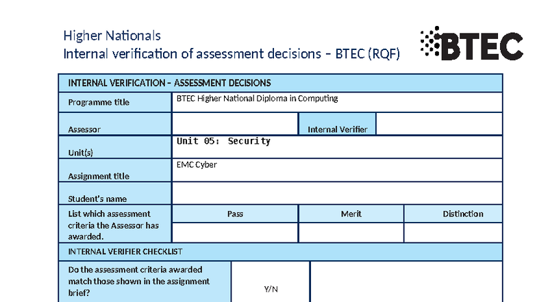 BTEC HND Computing Unit 05: Security Internal Verification Report - Studocu