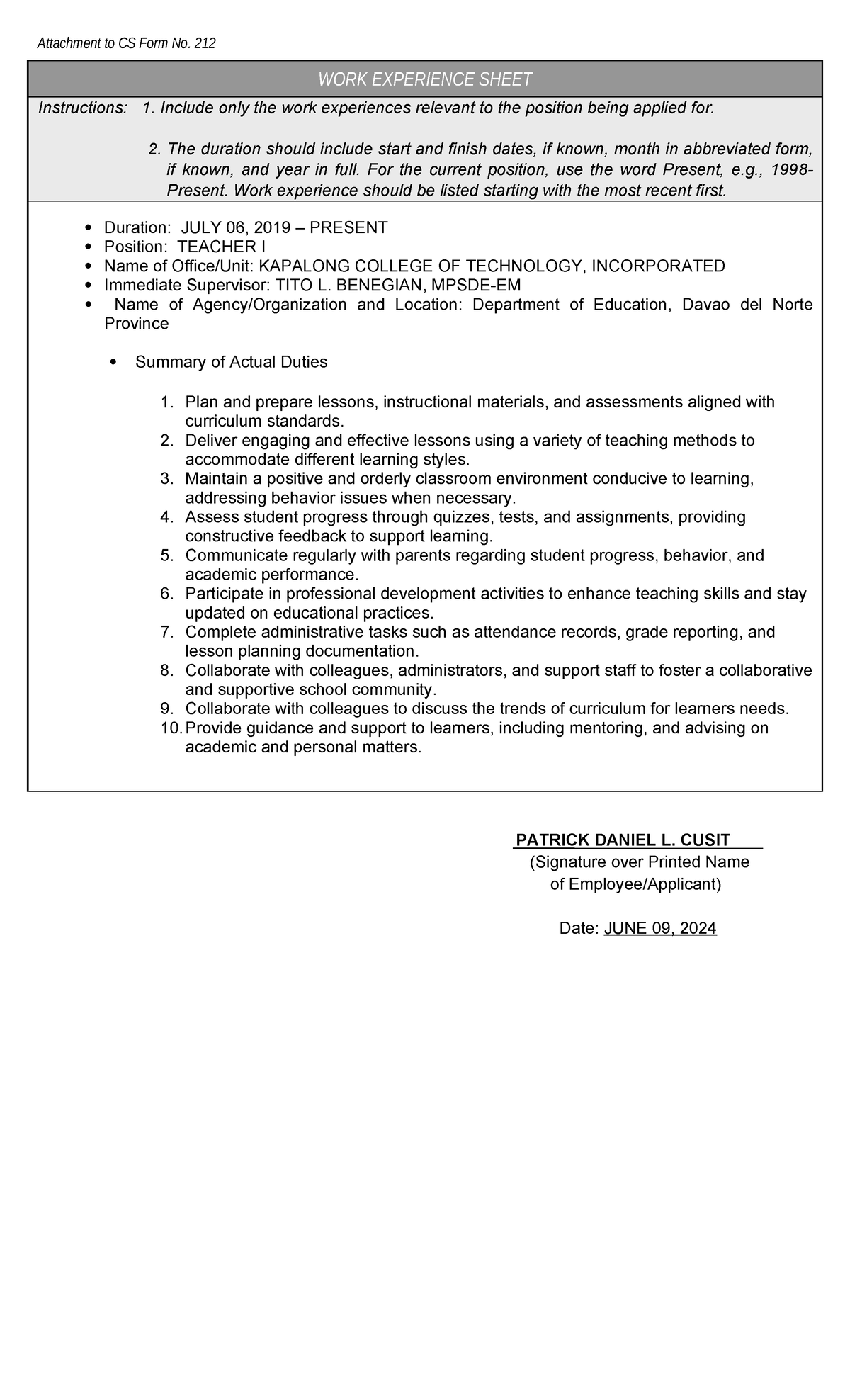 WES PDC - Work Experience Sheet for Teacher Position - Studocu