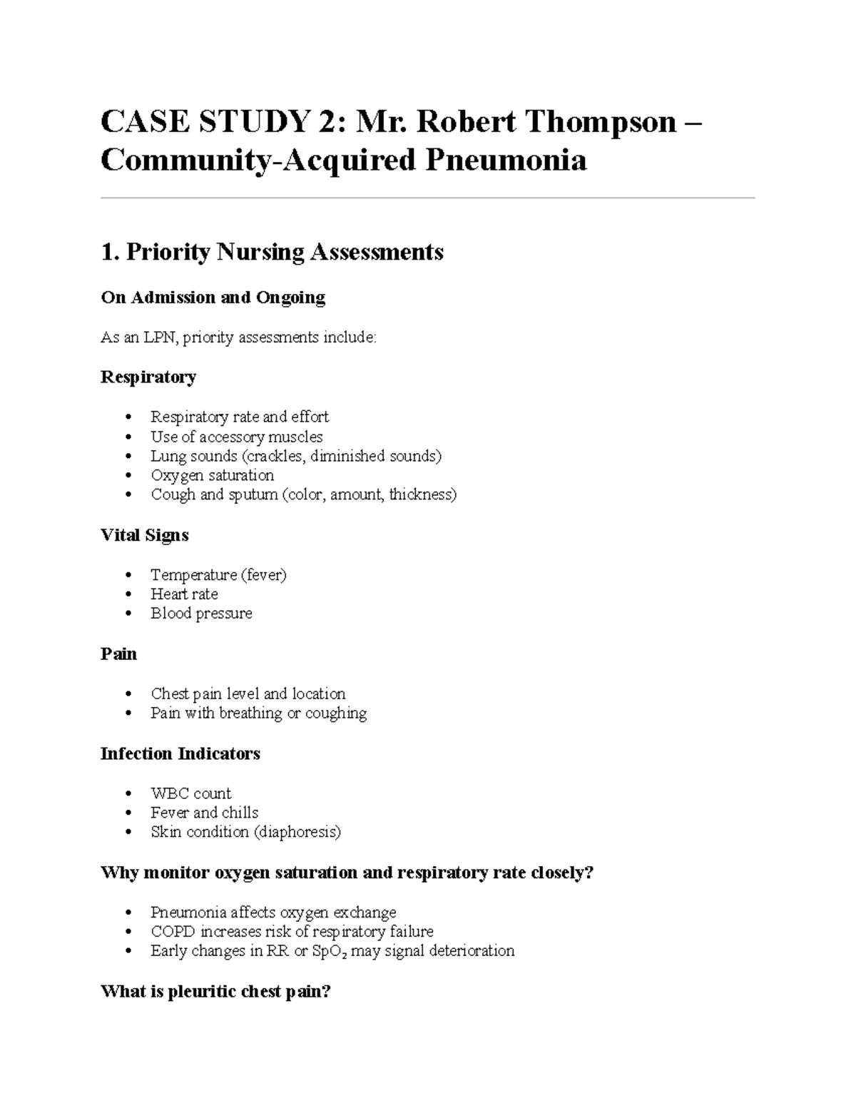 CASE STUDY 2: Nursing Assessments & Interventions for Pneumonia - Studocu