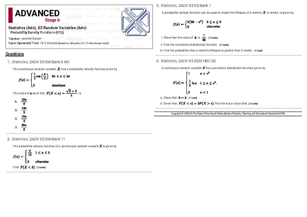HW - Probability Density Functions in Statistics 2ADV S3 - Studocu