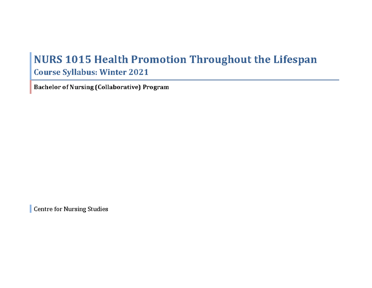 NURS 1015 - Health Promotion Notes for Lifespan Care Techniques - Studocu