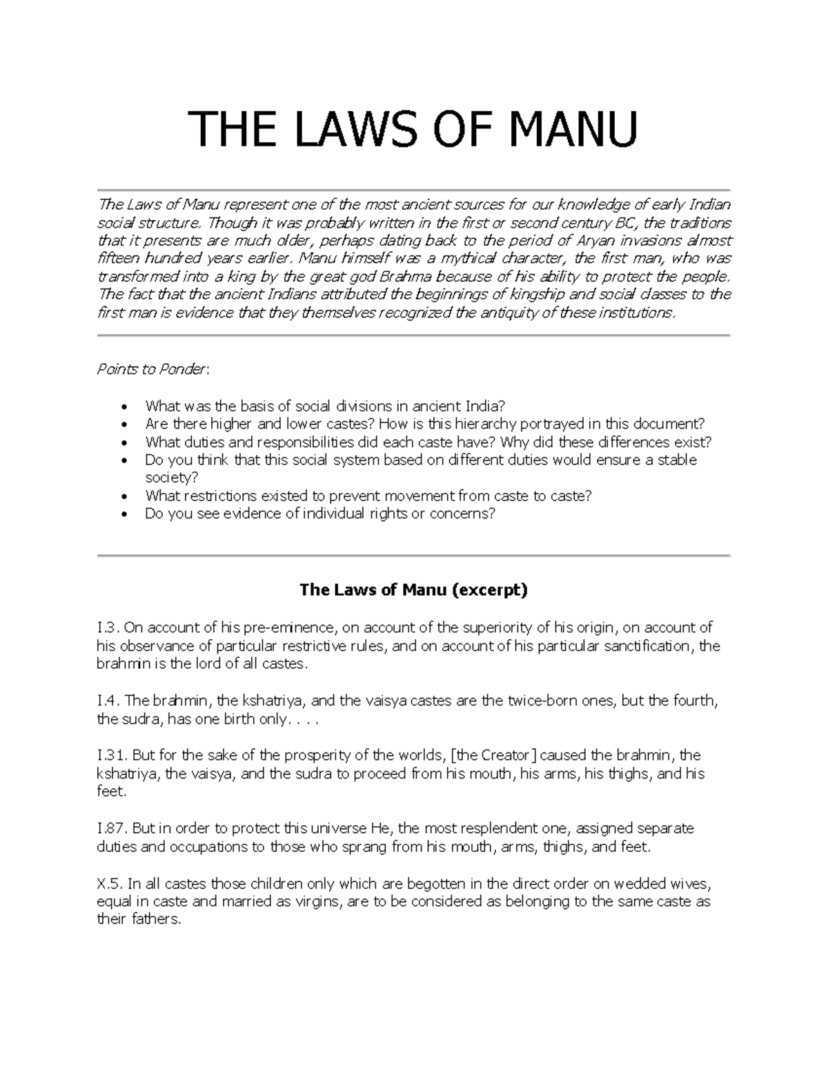 Laws of Manu: Caste Duties and Social Structure in Ancient India - Studocu