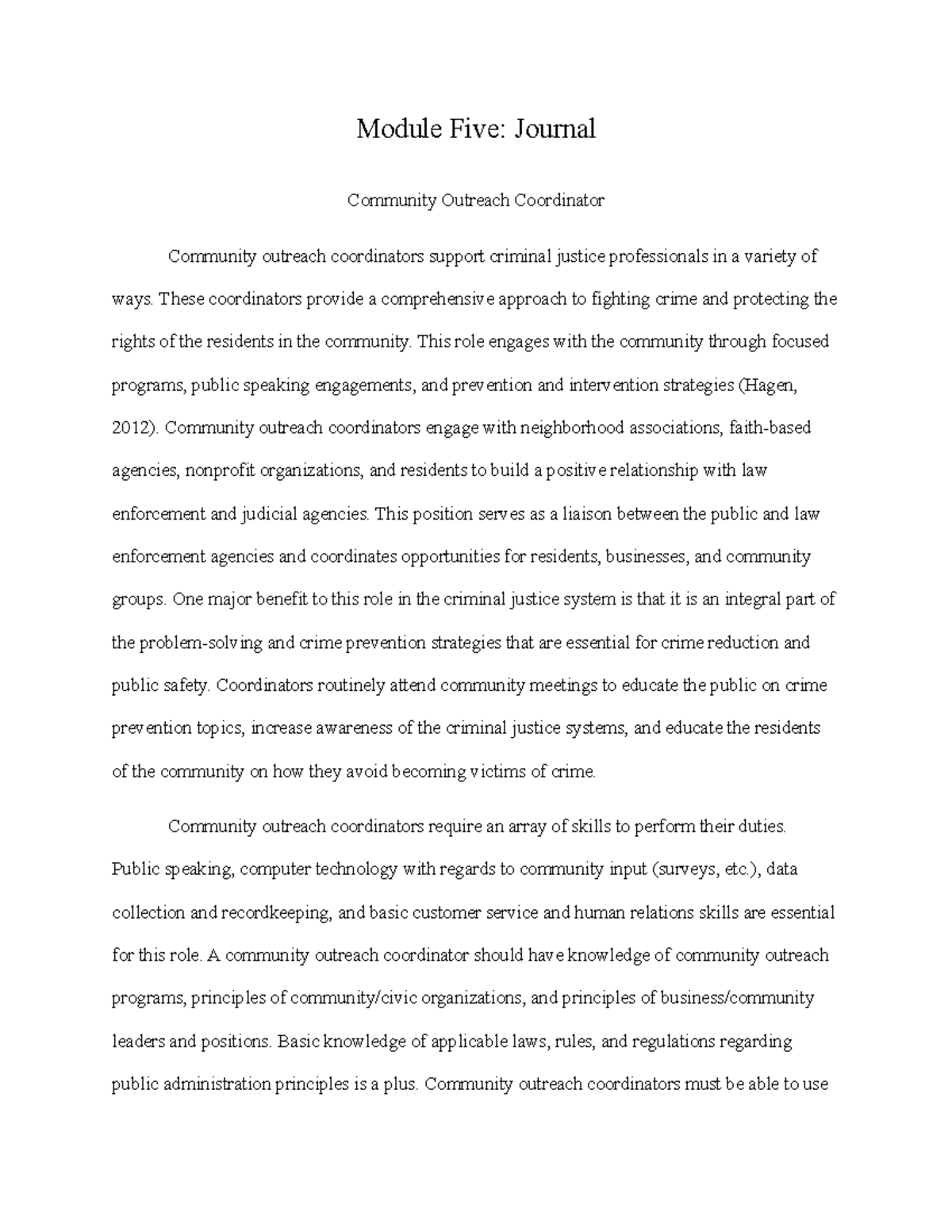 CJ 112 Module Five: Role & Skills of Community Outreach Coordinators ...