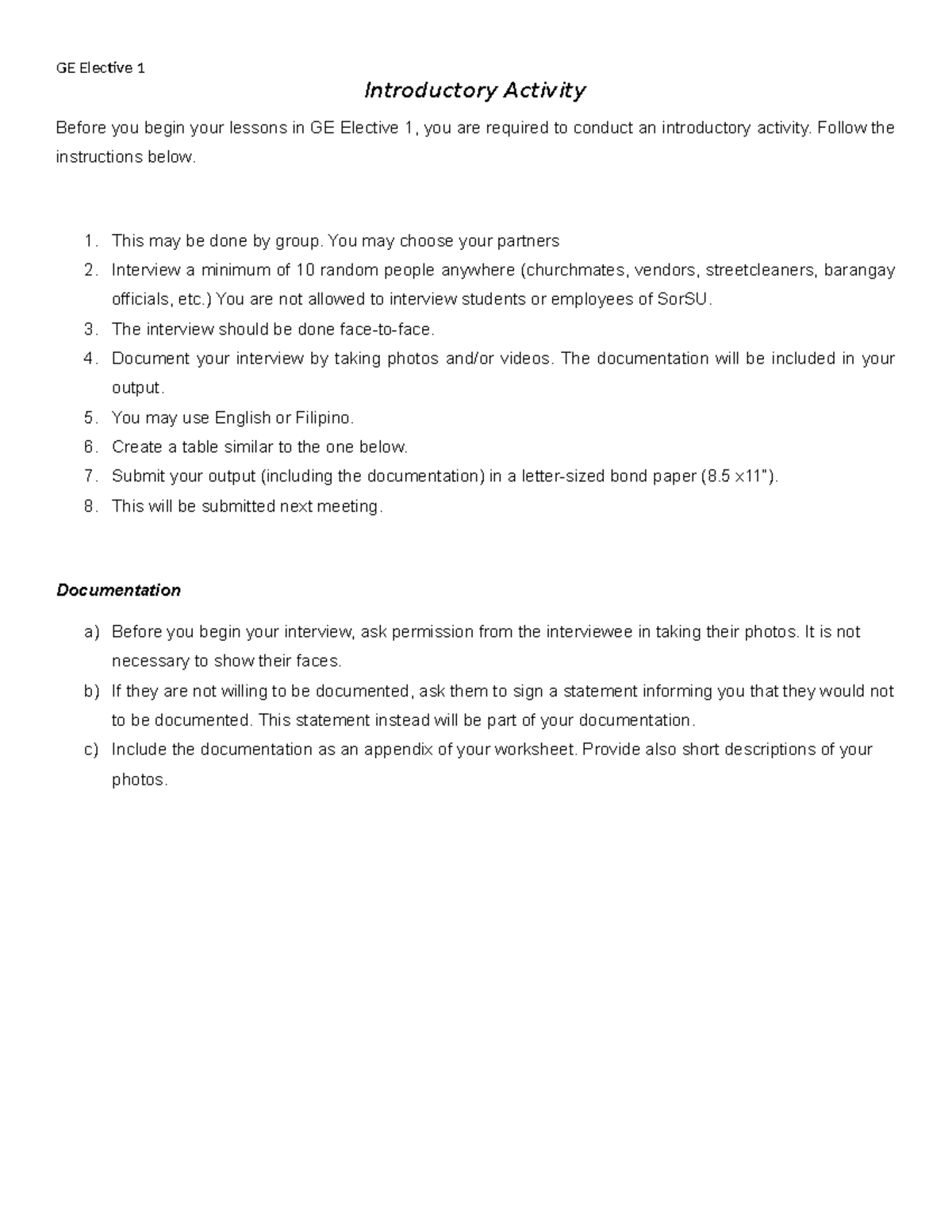 GE Elective 1 Introductory Activity Guidelines and Documentation - Studocu