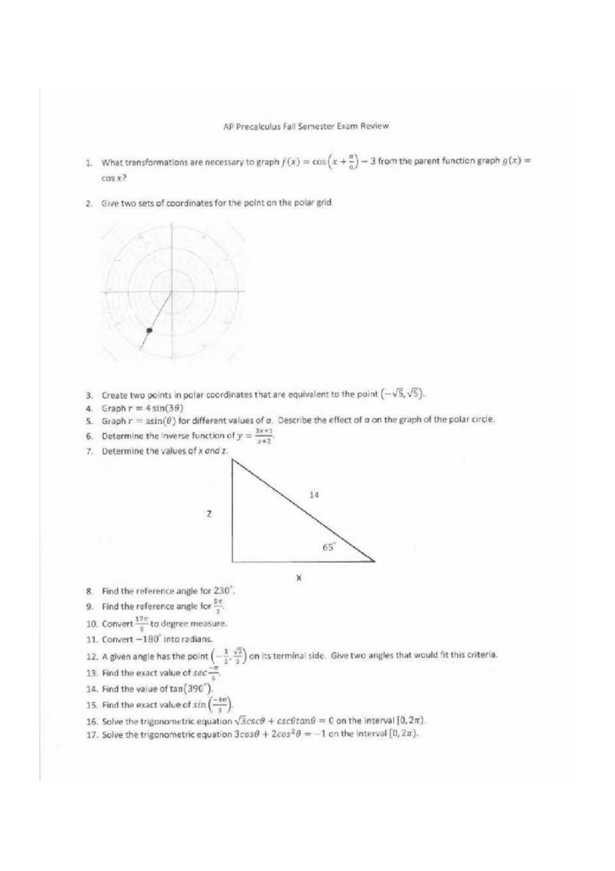 AP Precalculus Fall 2024 Semester Exam Review Key - Studocu