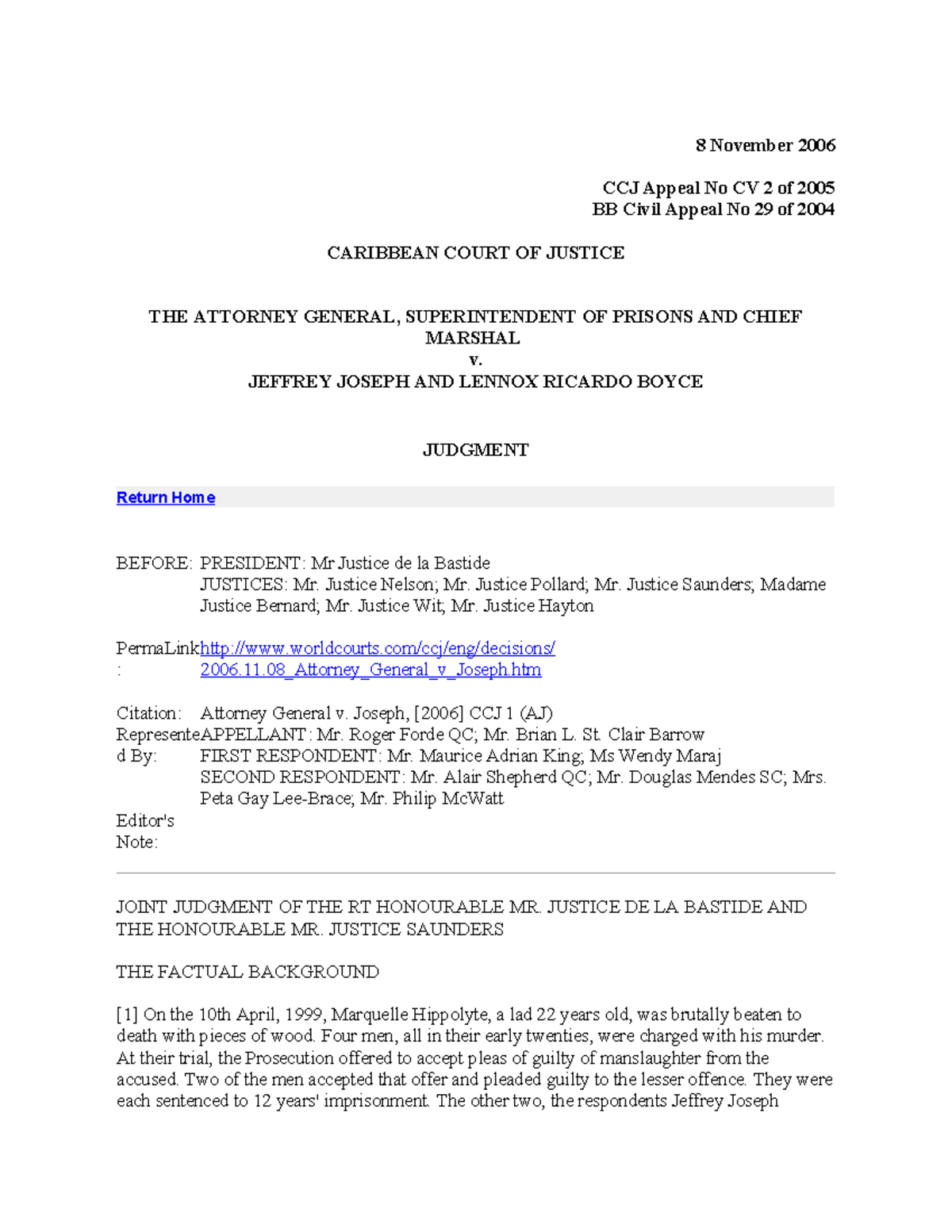 CCJ Appeal No CV 2 of 2005: AG v Joseph & Boyce Judgment Analysis - Studocu