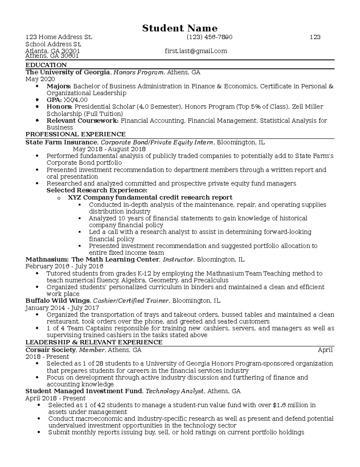 UGA BBA Finance/Econ Resume Template – Corsair Society Design - Studocu