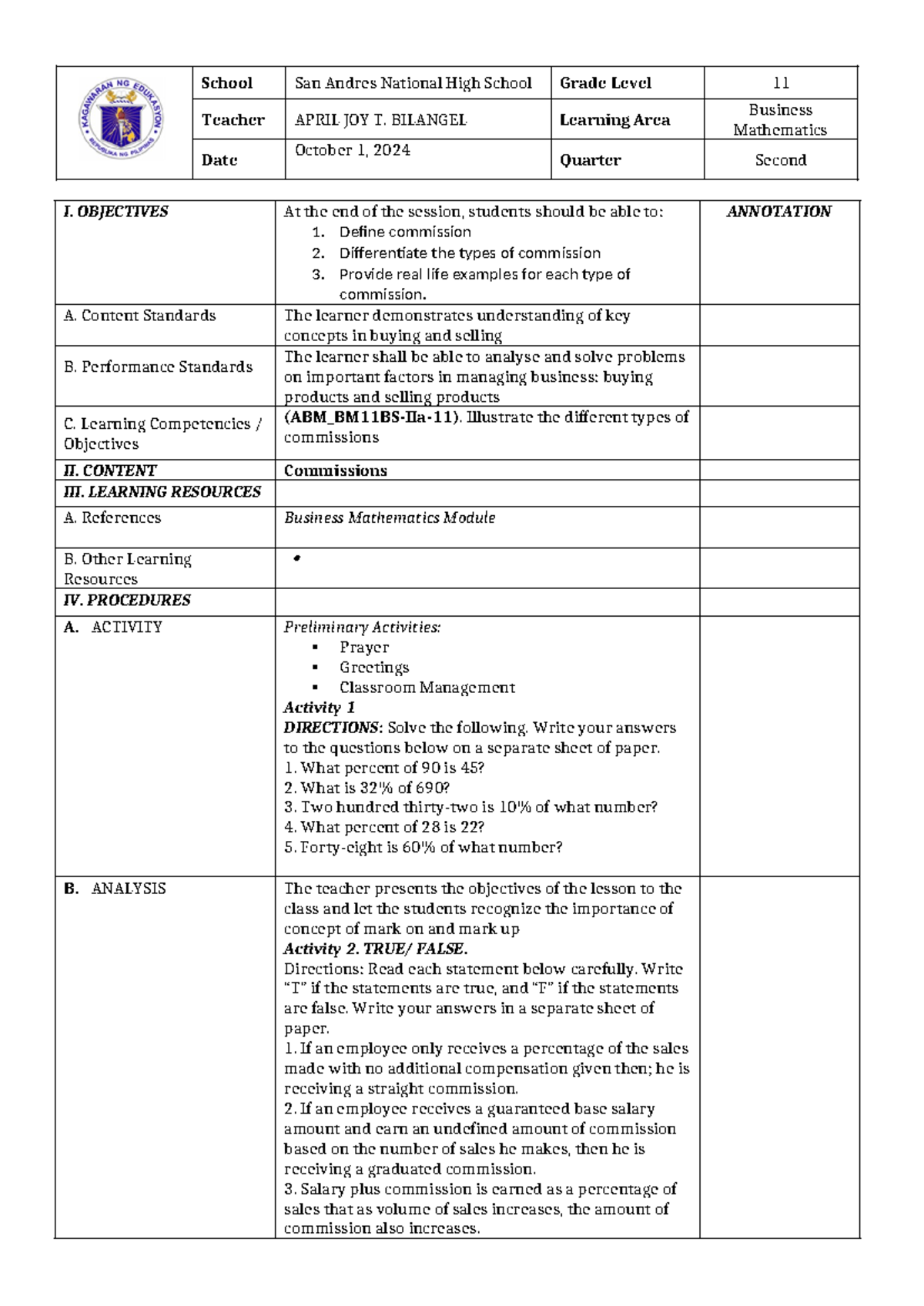 1 BM - Semi-Detailed Lesson Plan: Business Mathematics on Commissions ...