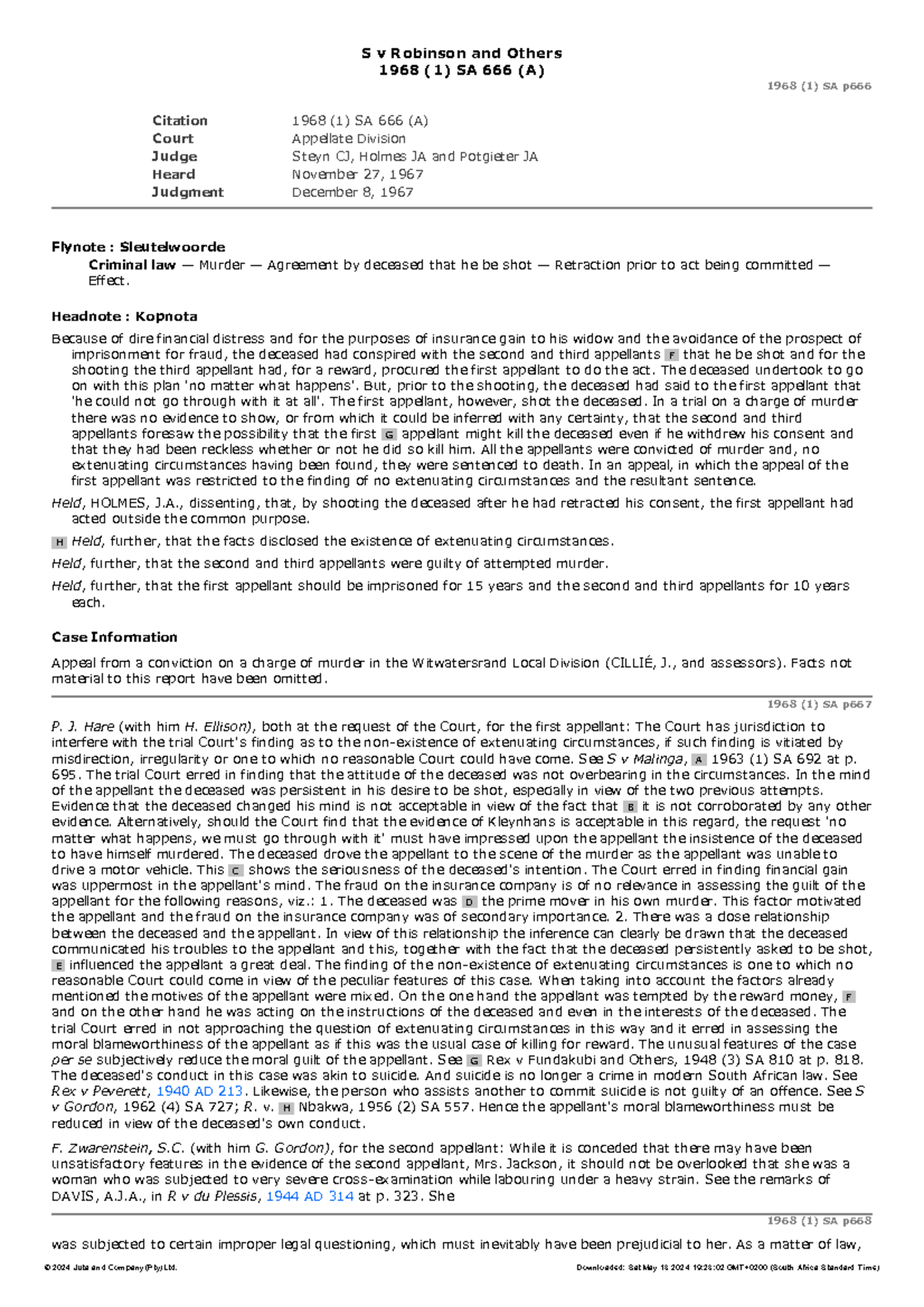S v Robinson and Others (1968) Case Study: Consent and Murder Law - Studocu