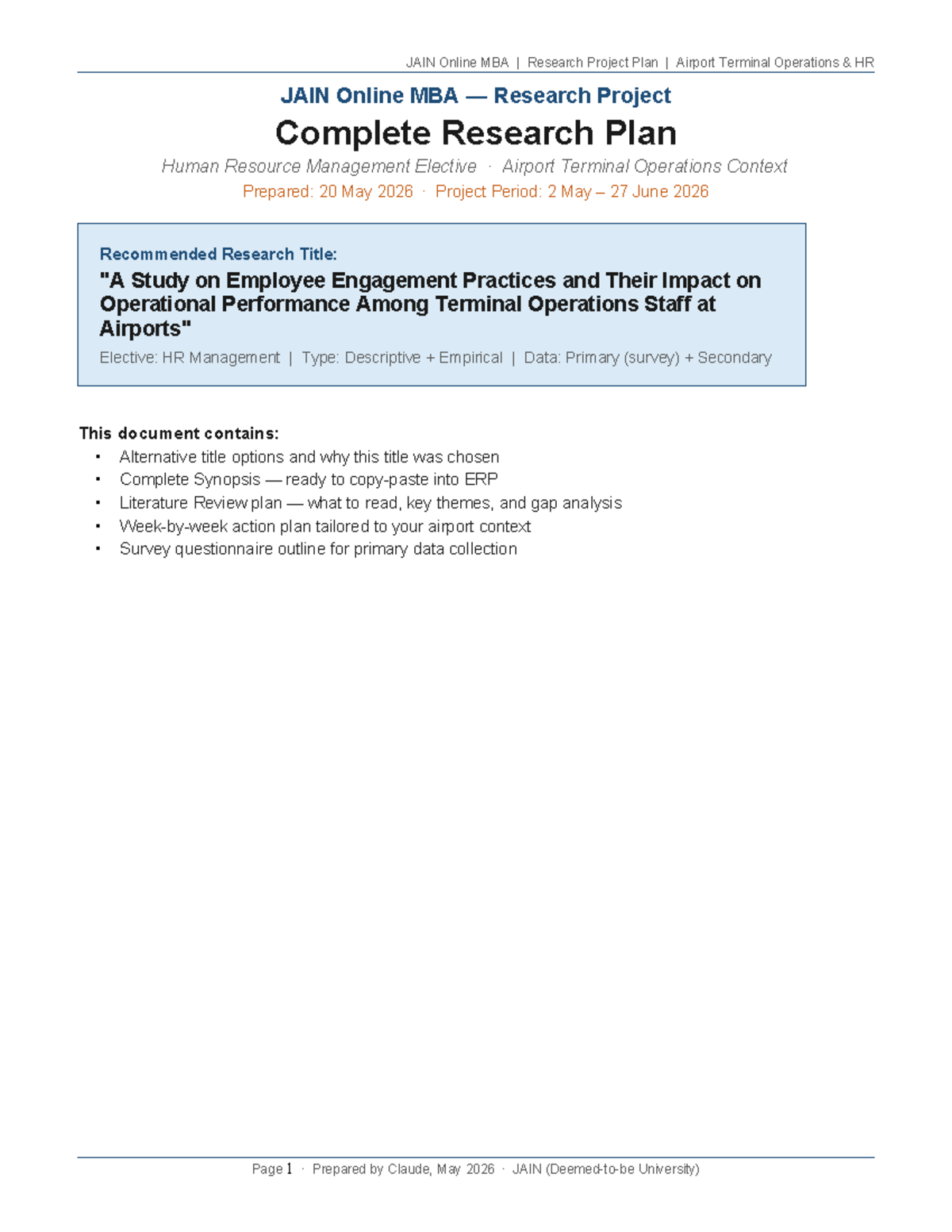 JAIN Online MBA Research Project Plan: Employee Engagement in Airport ...