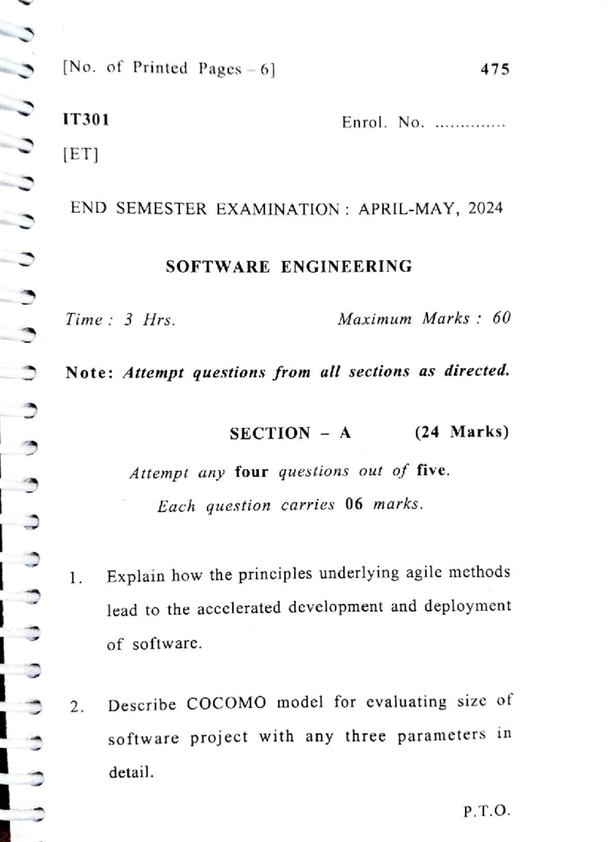 SE 24 - major question paper - INo. of Printed Pages - 6] IT [ET] END ...