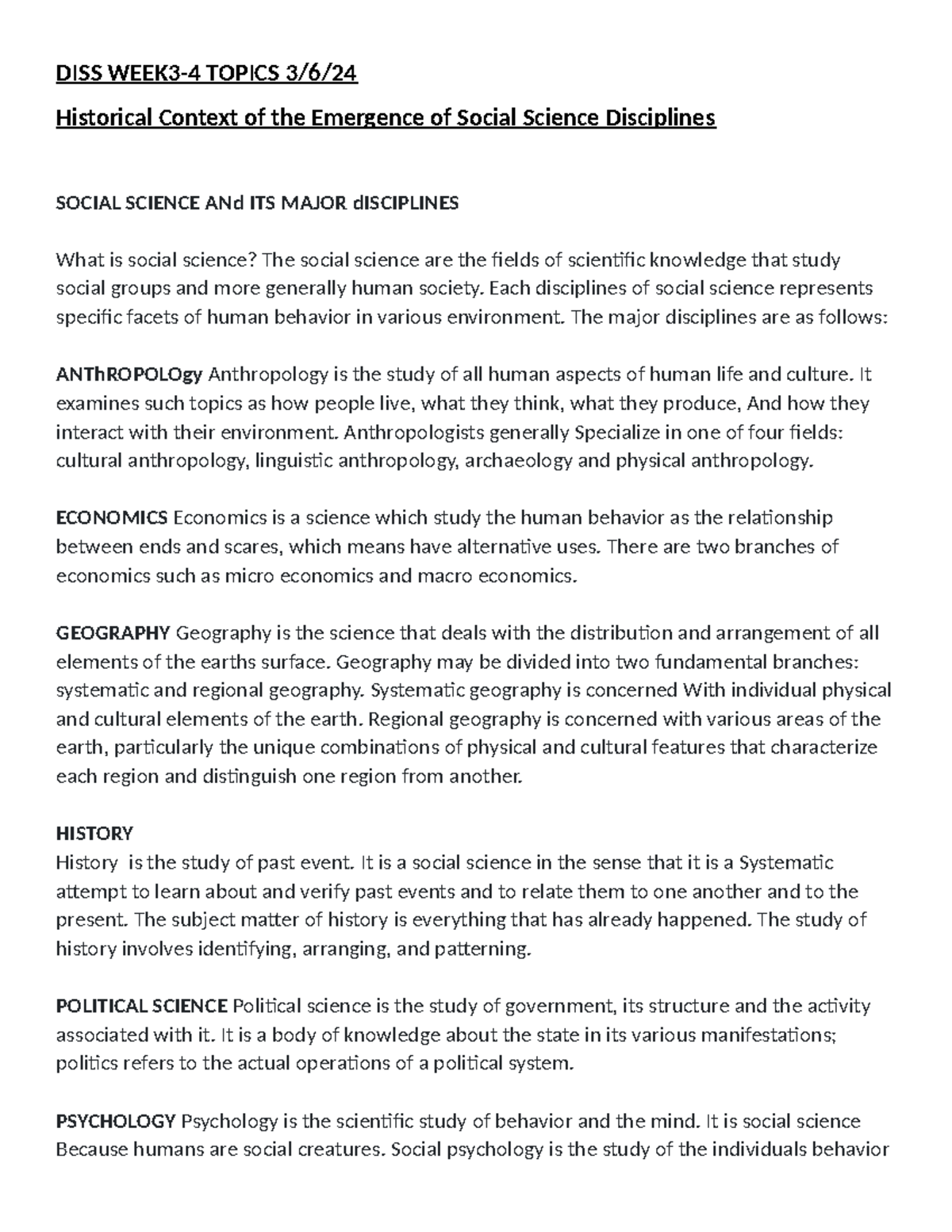 DISS WEEK3 4 Topics - DISS WEEK3-4 TOPICS 3/6/ Historical Context of ...