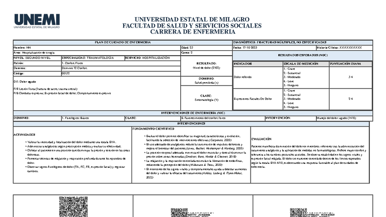 Plan de Cuidado de Enfermería: Fracturas Múltiples - 00132 - Studocu