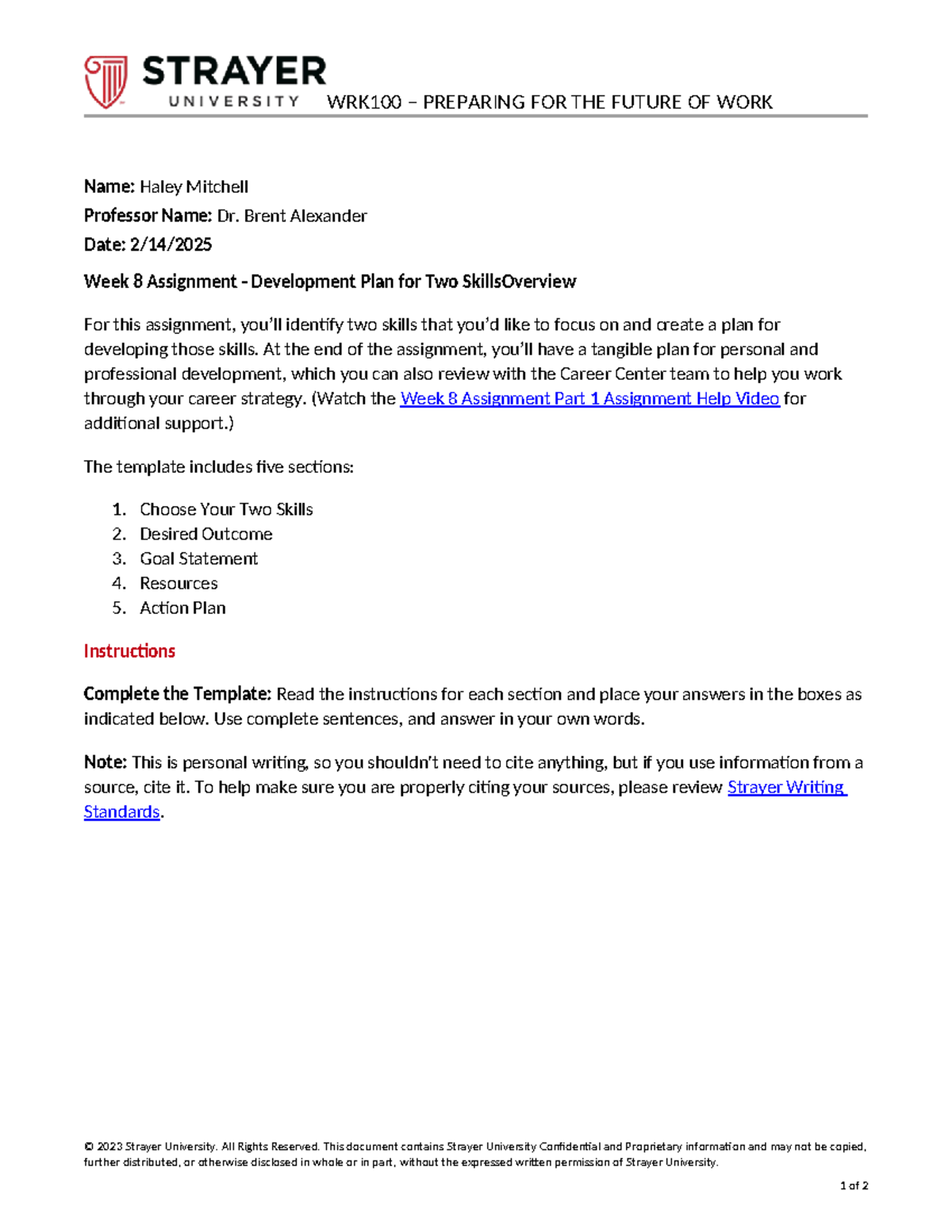 WRK100 Week 8 Assignment: Skills Development Plan Template - Studocu