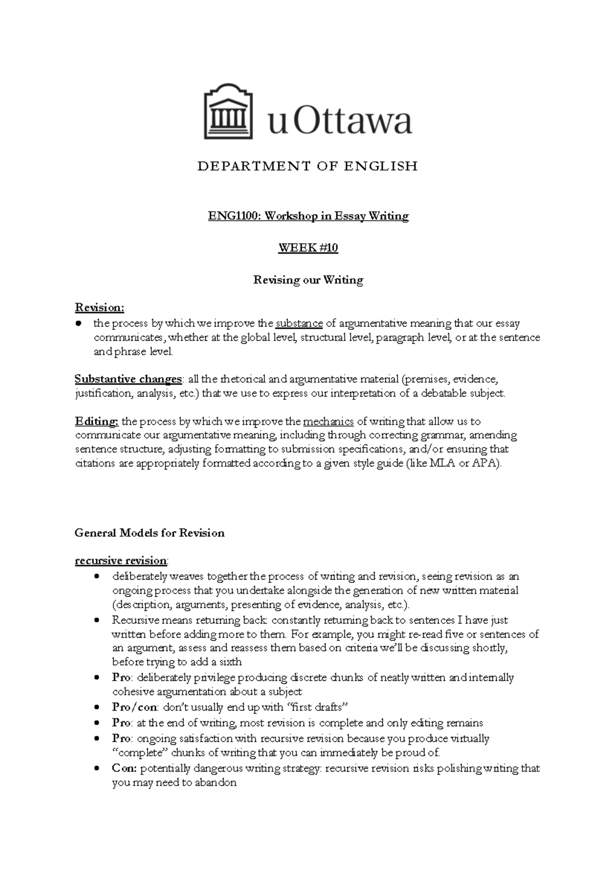 ENG1100: Week 9 - Revising Our Writing Workshop Notes - Studocu