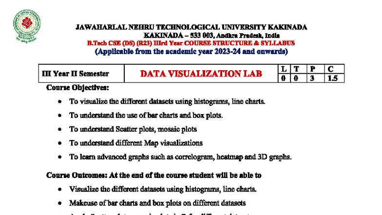 B.Tech CSE (DS) (R23) II Sem Data Visualization Lab Syllabus - Studocu