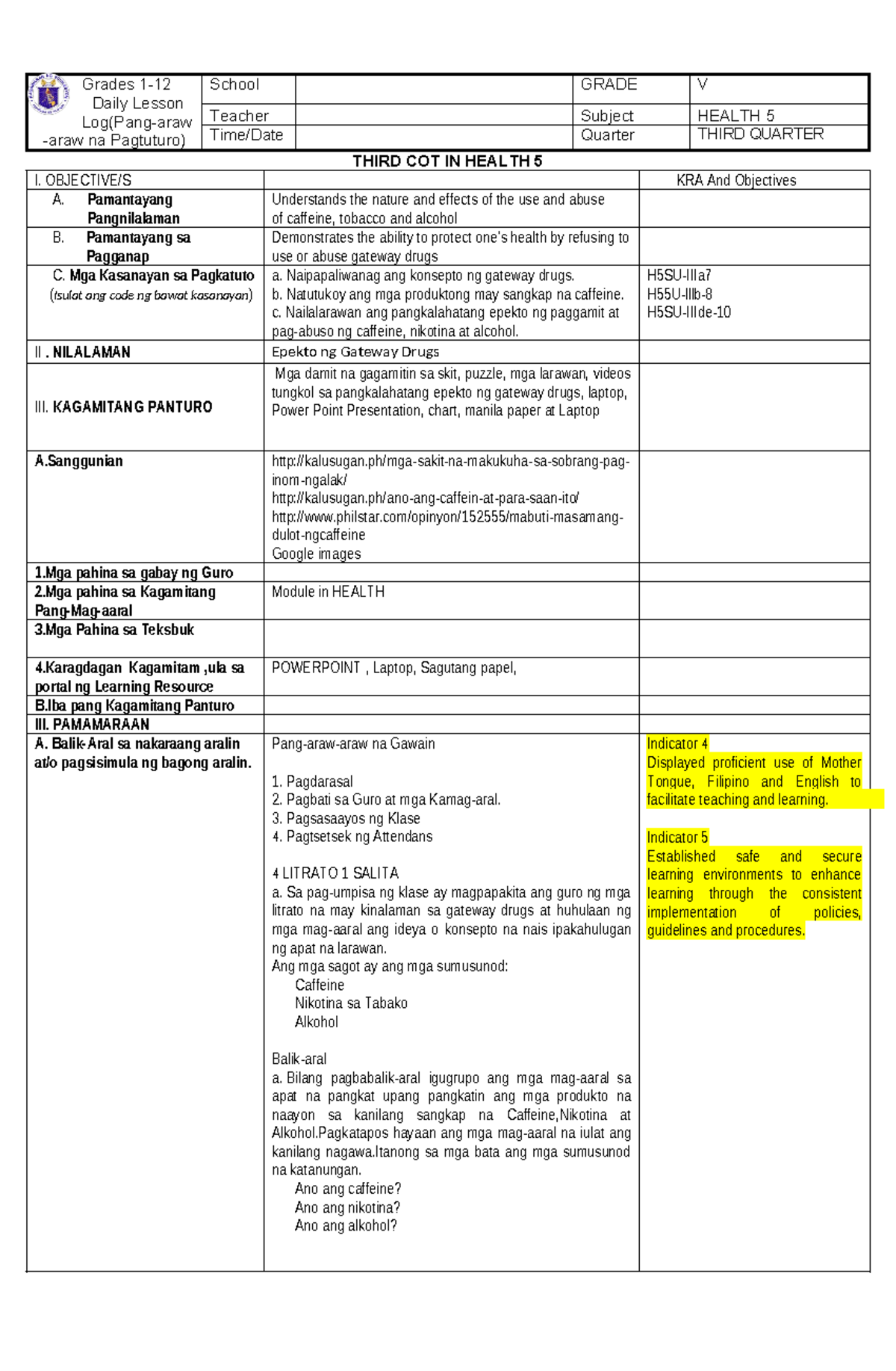 COT3( Health)-LP-2023-2024 - Grades 1- Daily Lesson Log(Pang-araw -araw na Pagtuturo) School ...