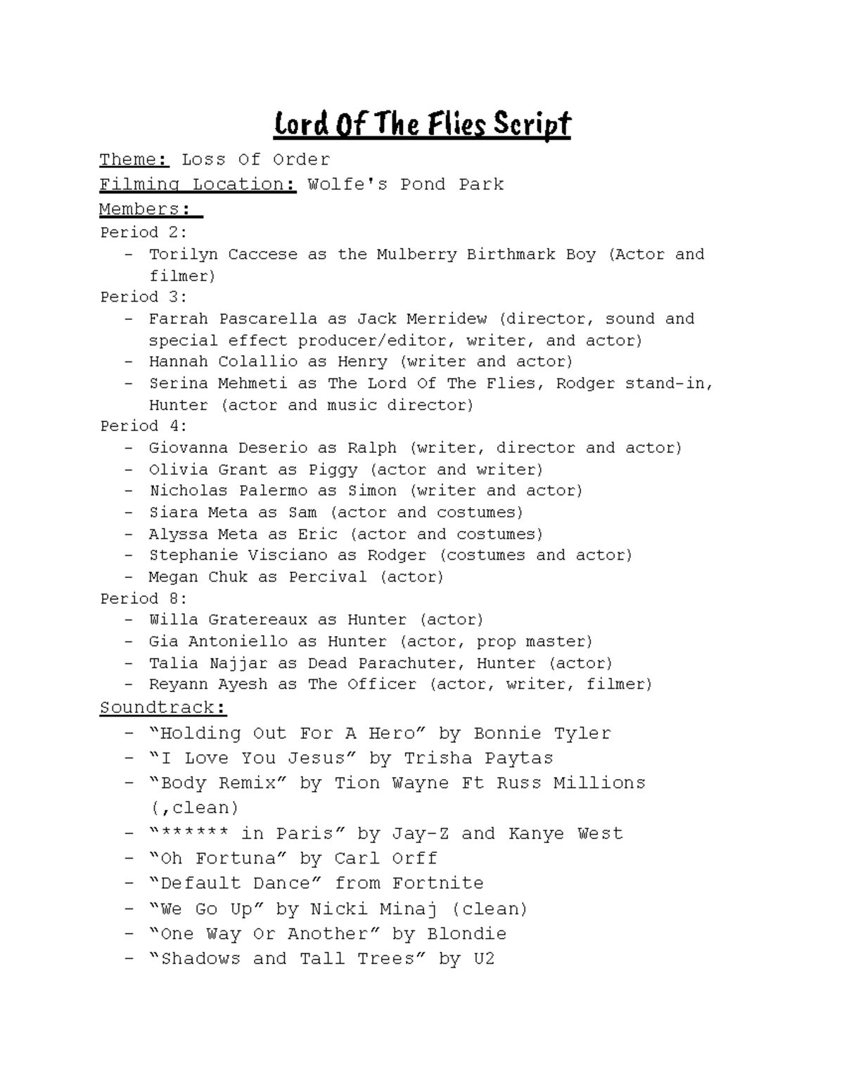 Lord of the Flies Script: Themes of Chaos and Order (Period 2-4) - Studocu