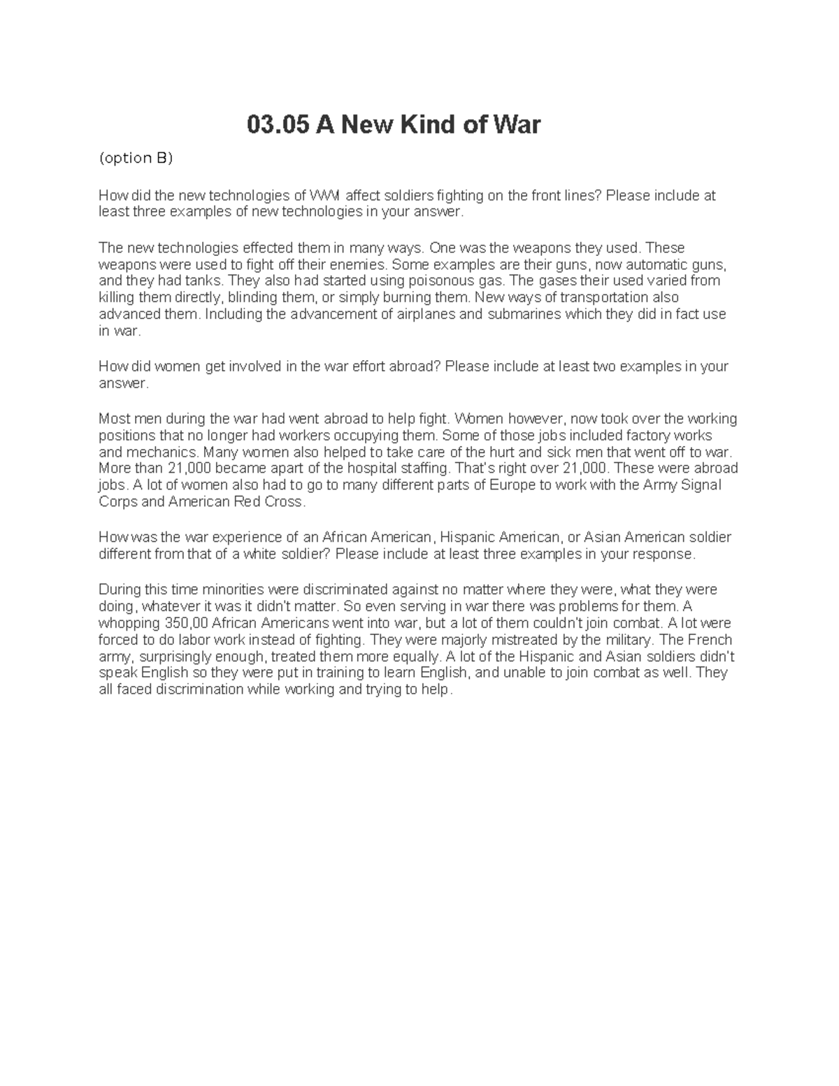 03.05 WWI Technologies and Their Impact on Soldiers and Women - Studocu