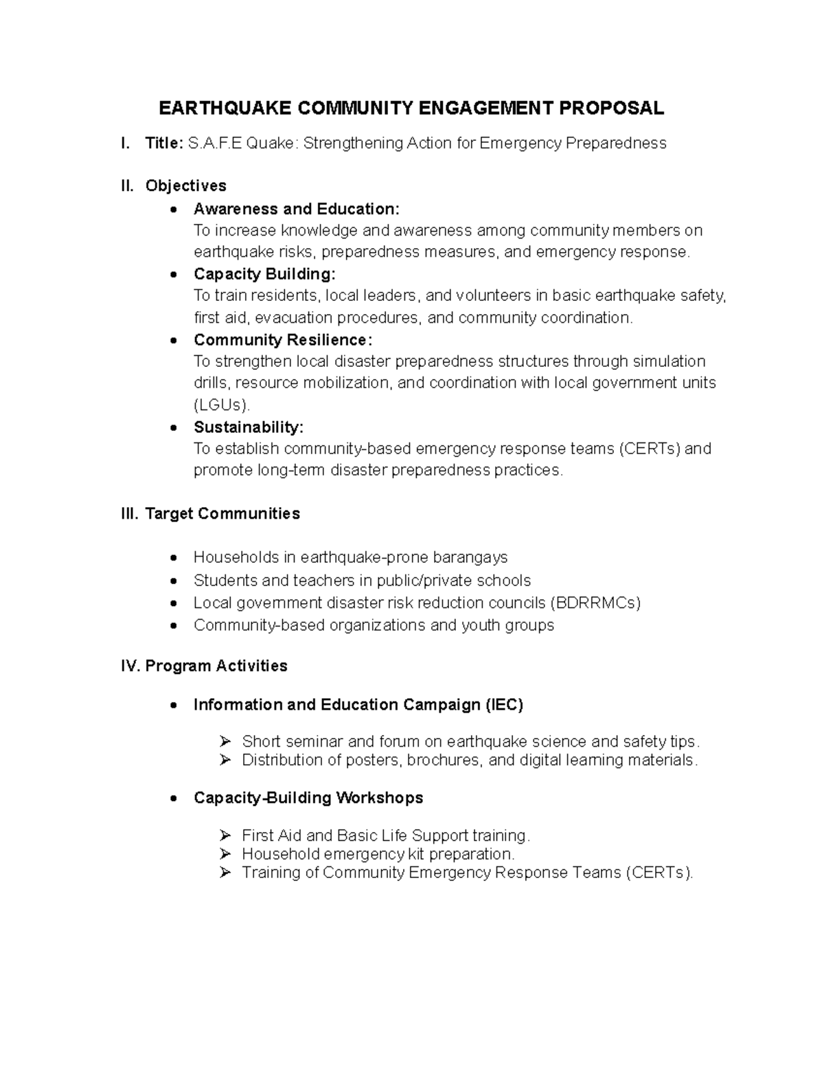 EQE 101: S.A.F.E Quake Community Engagement Proposal for Preparedness ...
