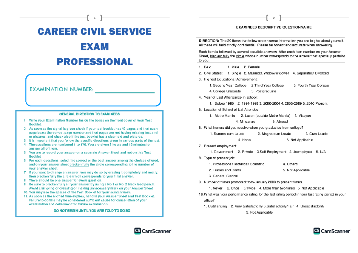 CSC Career Civil Service Exam: Descriptive Questionnaire Guide - Studocu