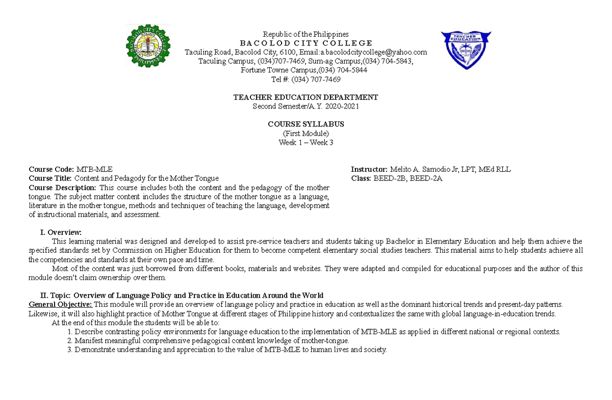 MTB-MLE Module 1: Language Policy and Classroom Practice Overview - Studocu