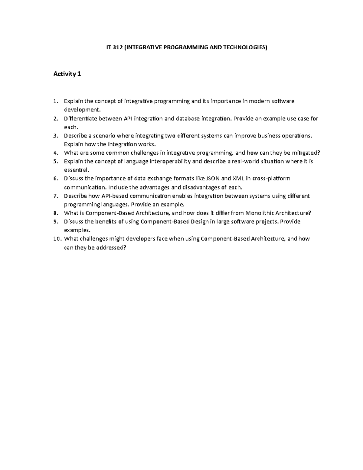 IT 312 - Integrative Programming & Technologies Activity 1 - Studocu